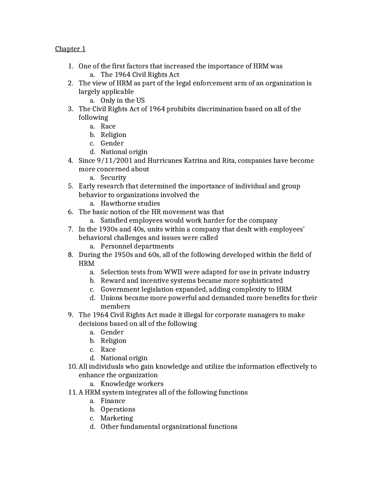 Human Resource Management Questions For Exam 1 Mgt 3320 Docsity
