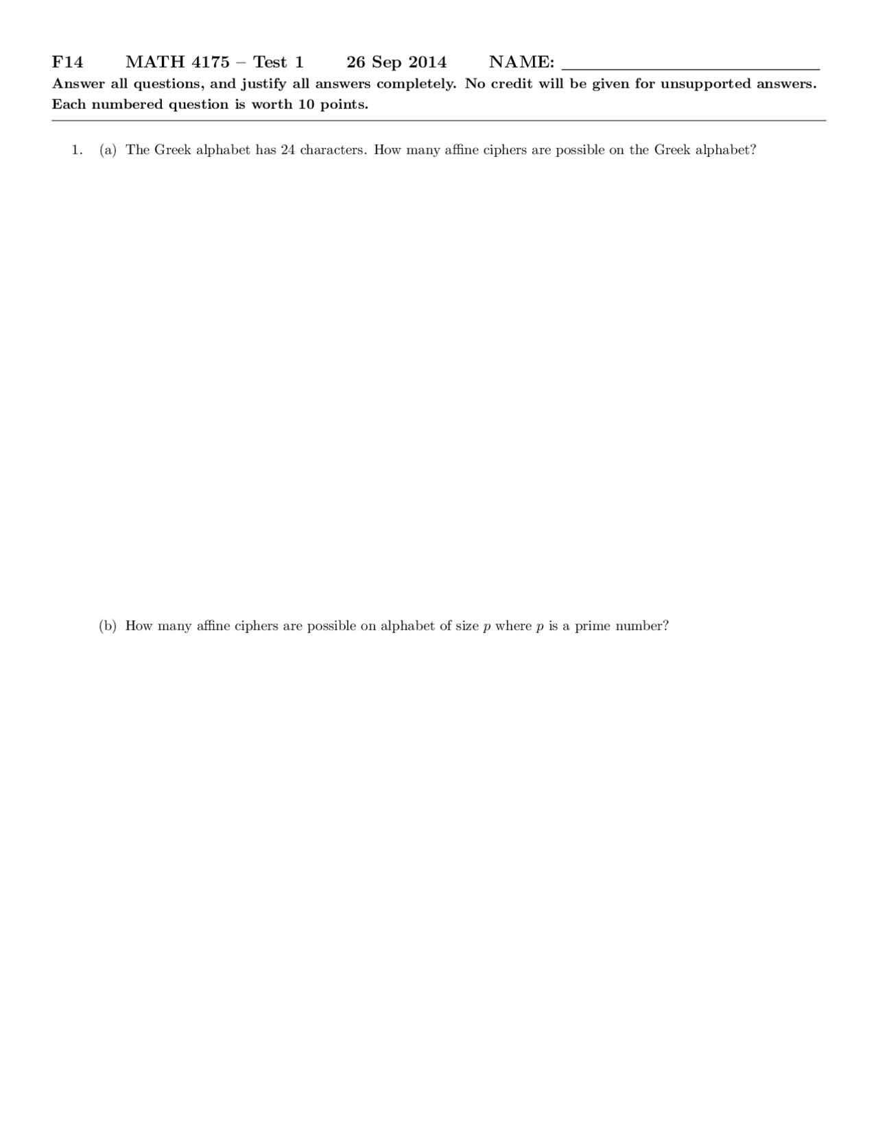5 Questions on Cryptography - Past Test 1 - Fall 2014 | MATH 4175 ...