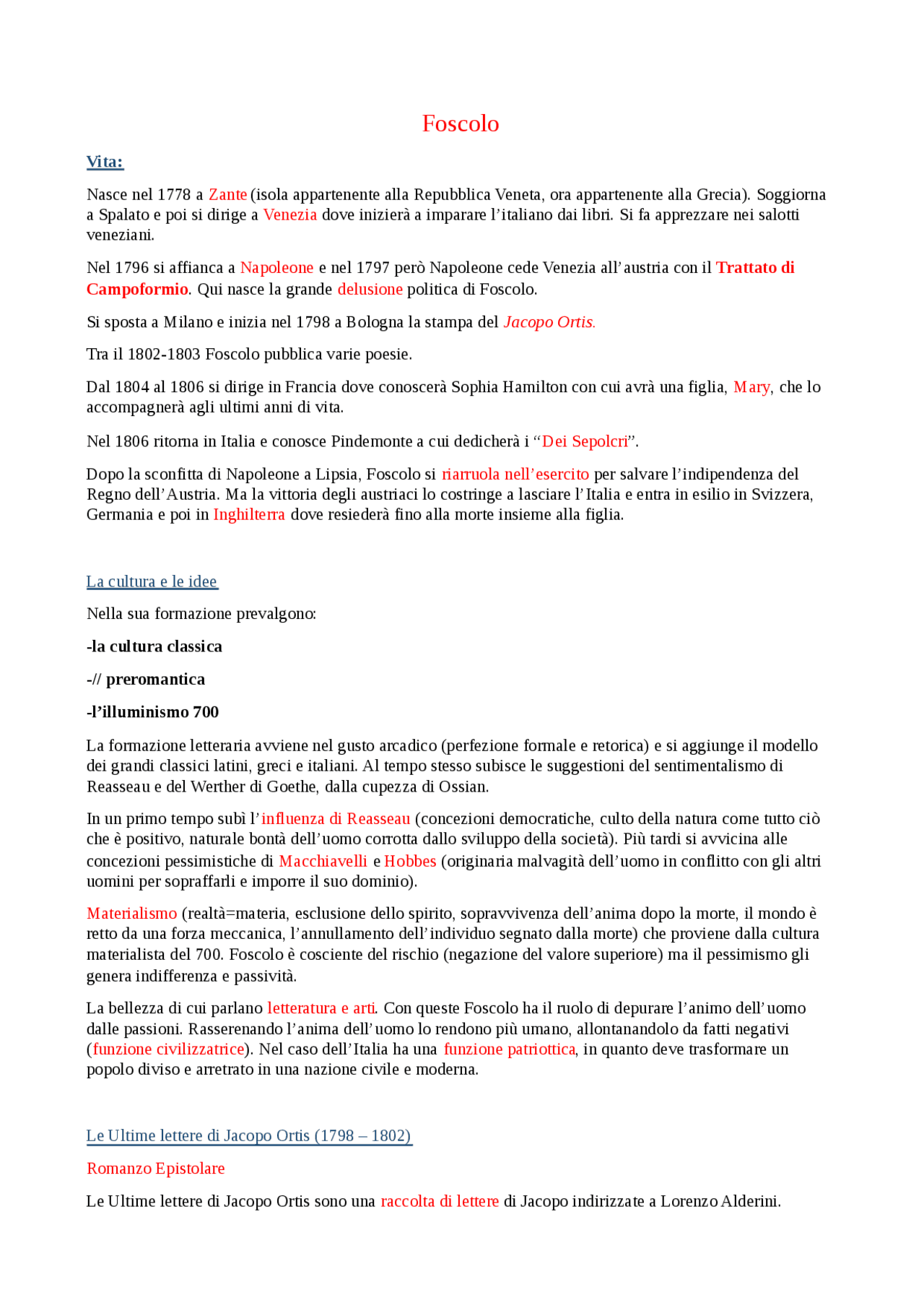 Foscolo Sintesi Del Corso Di Italiano Docsity