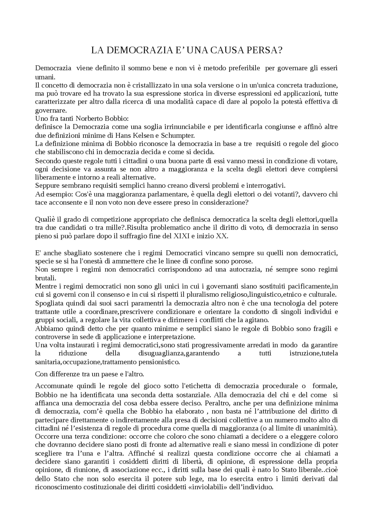 La Democrazia è Una Causa Persa Parte Prima Docsity