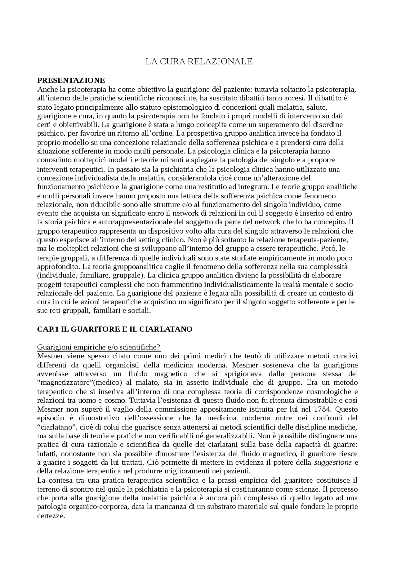 La Cura Relazionale Docsity