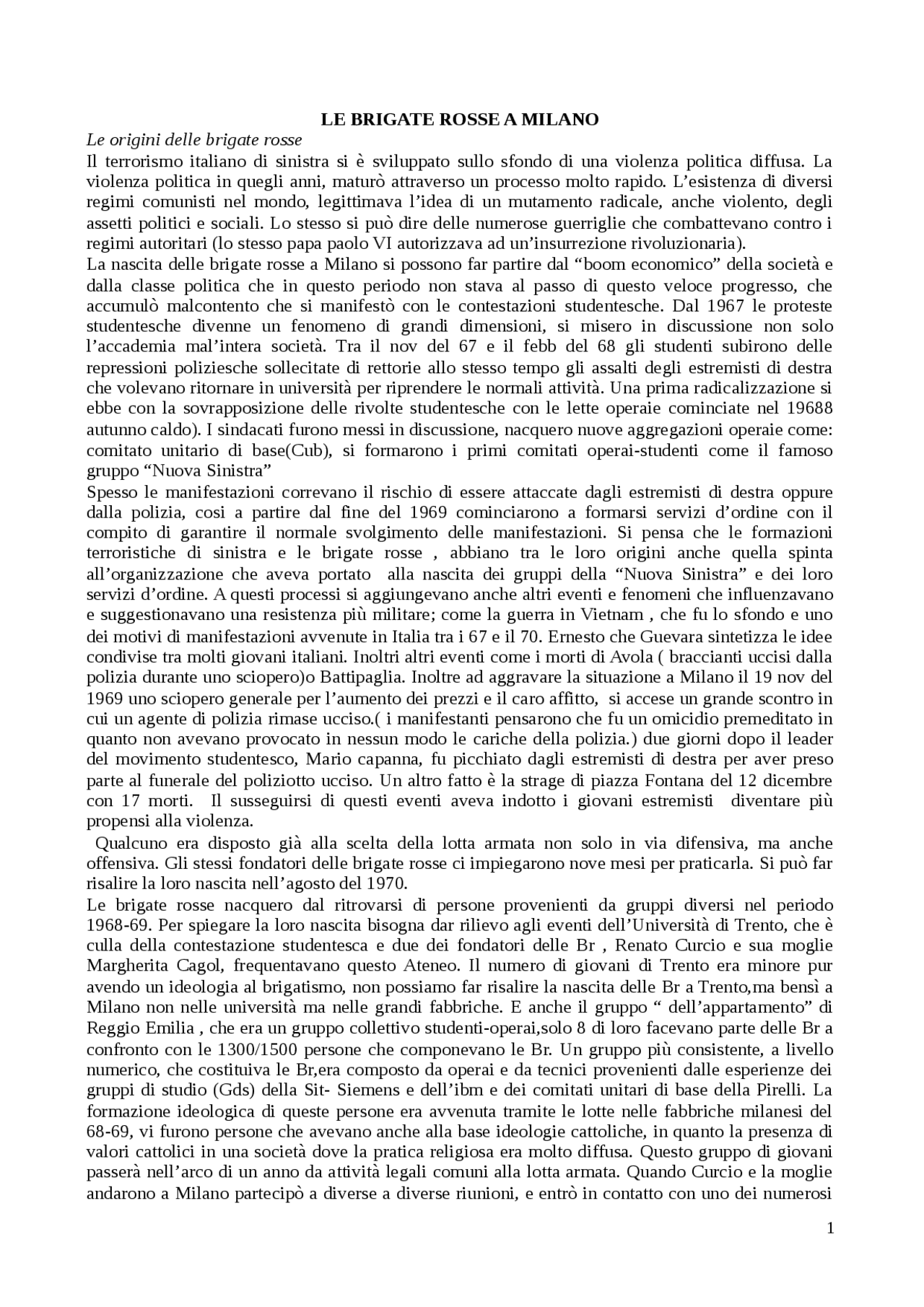 Riassunto Le Brigate Rosse A Milano Docsity