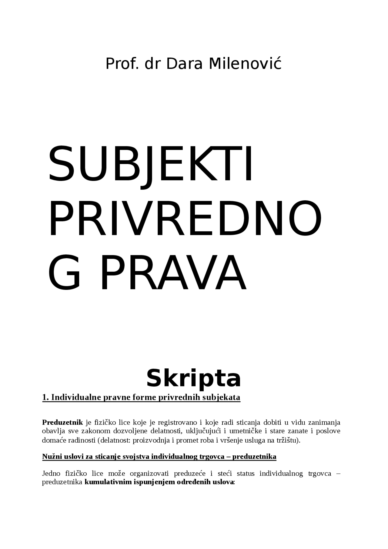 1. subjekti privrednog prava skripta | Rezime' predlog Privredno pravo - Docsity