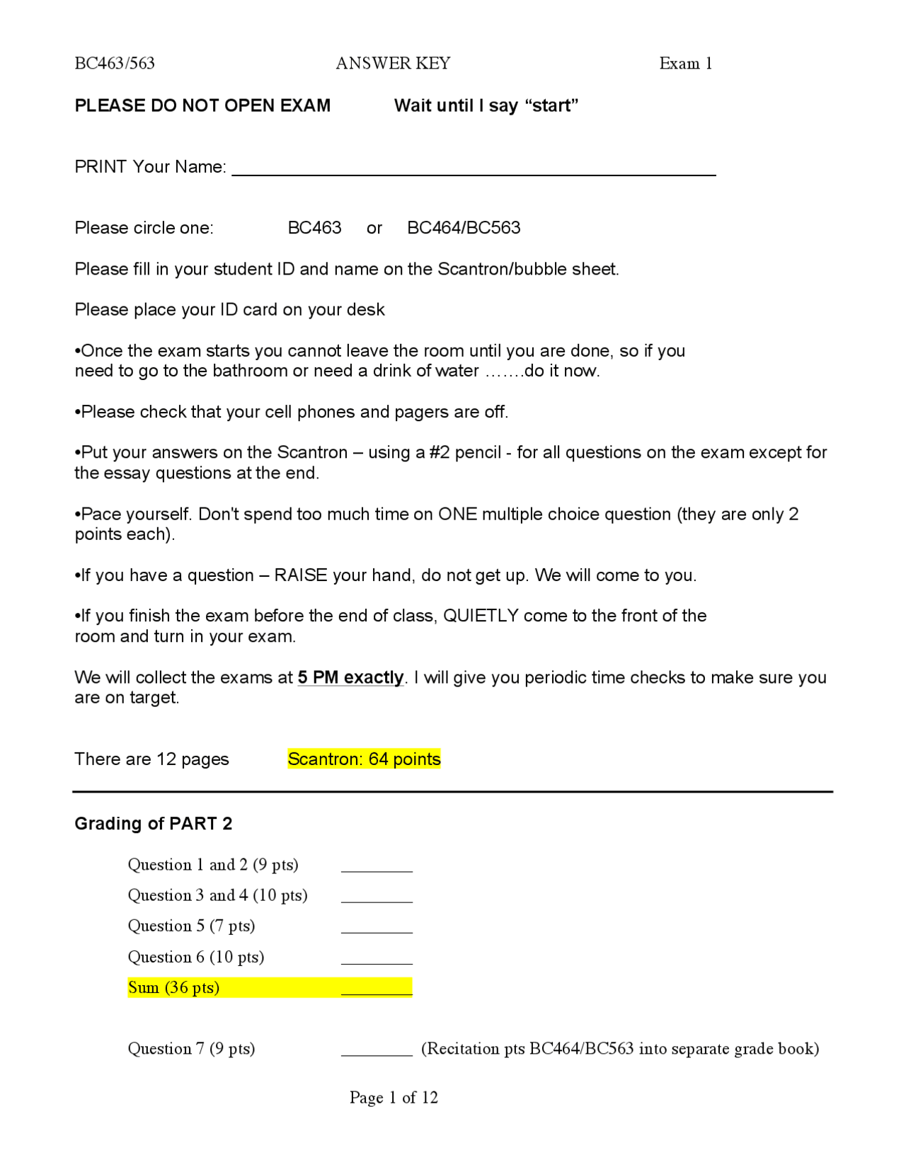 Exam 1 Answer Key Molecular Genetics Bc 463 Docsity
