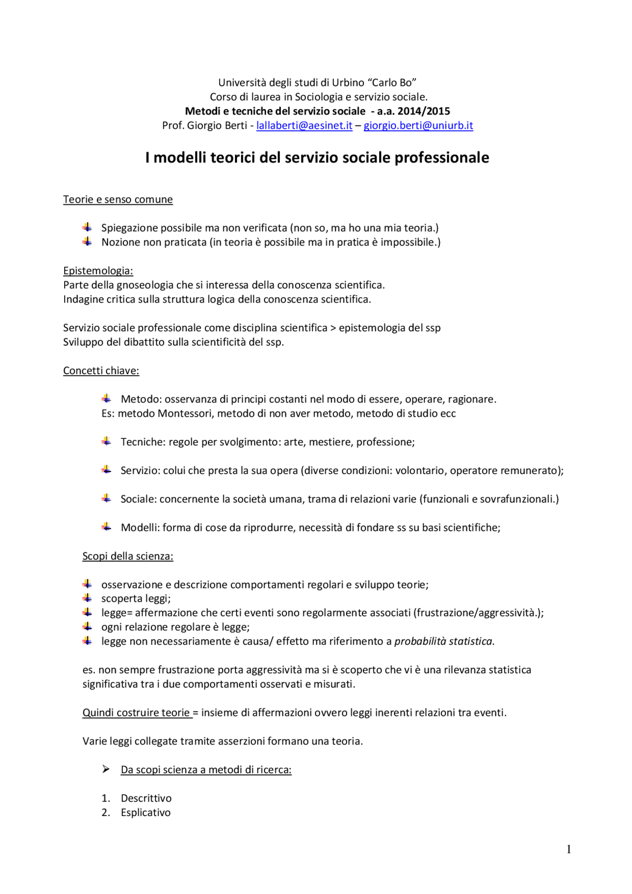 Modelli Teorici Servizio Sociale 2014 2015 Docsity