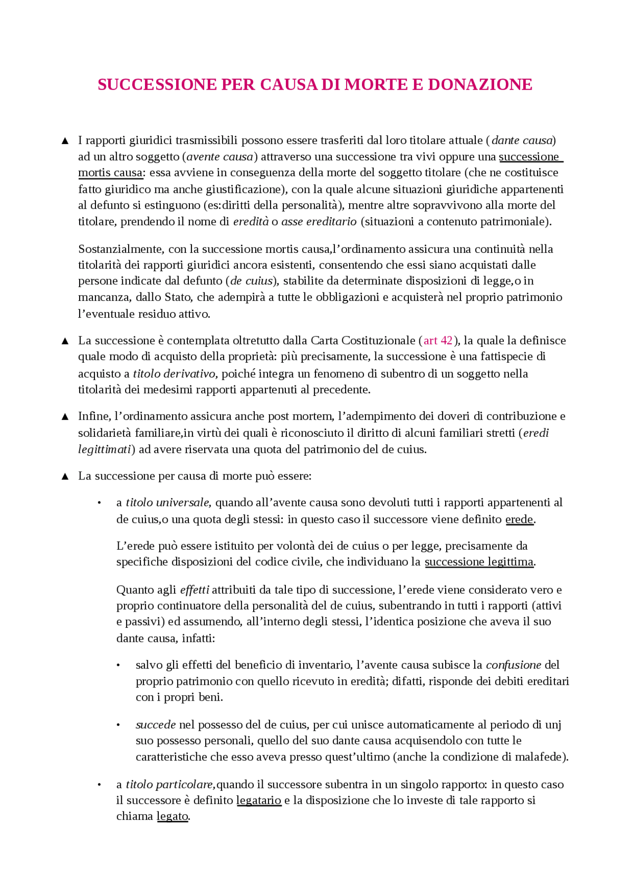 Successione Per Causa Di Morte E Donazione Docsity