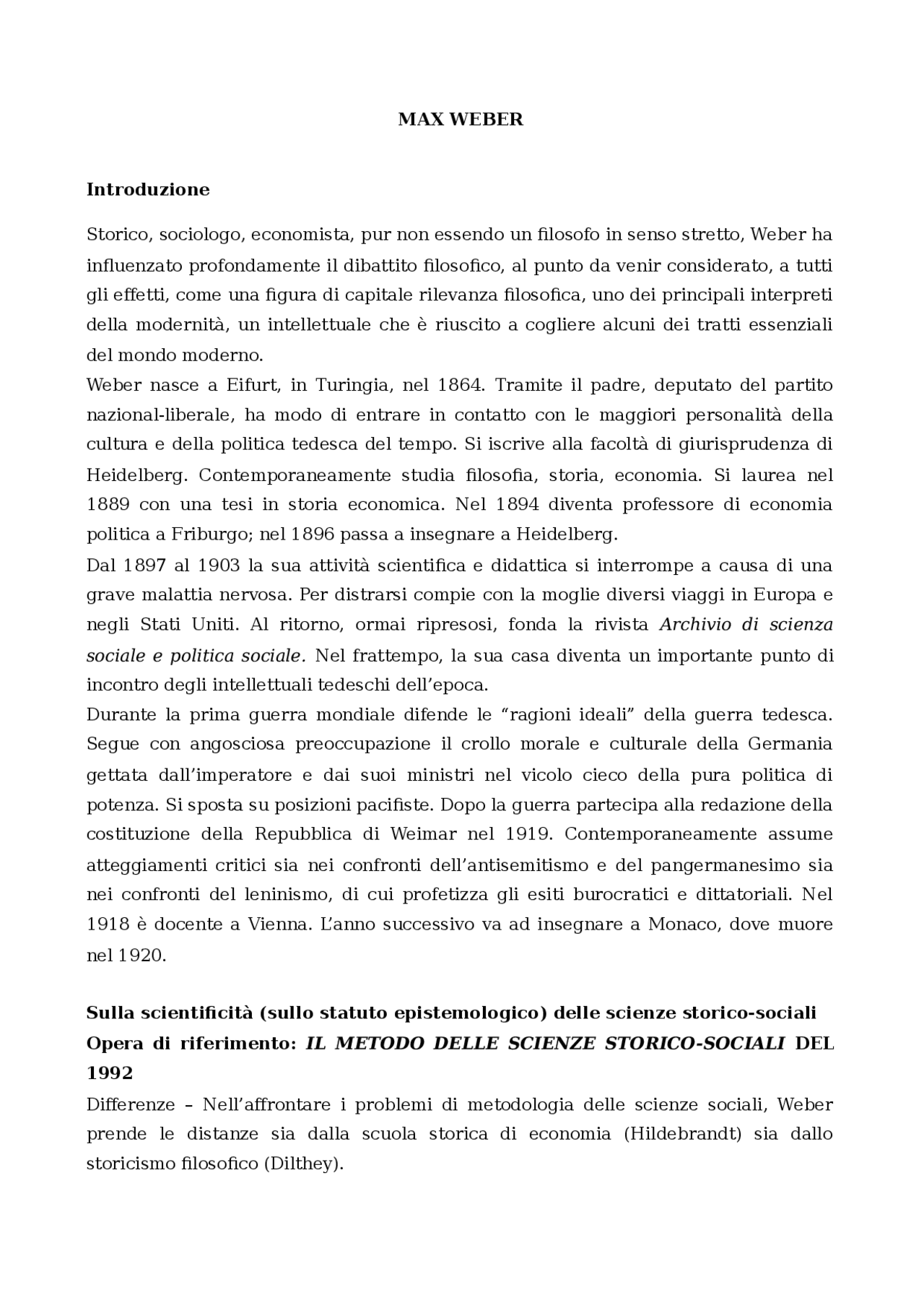 Max Weber Dispense Di Filosofia Docsity
