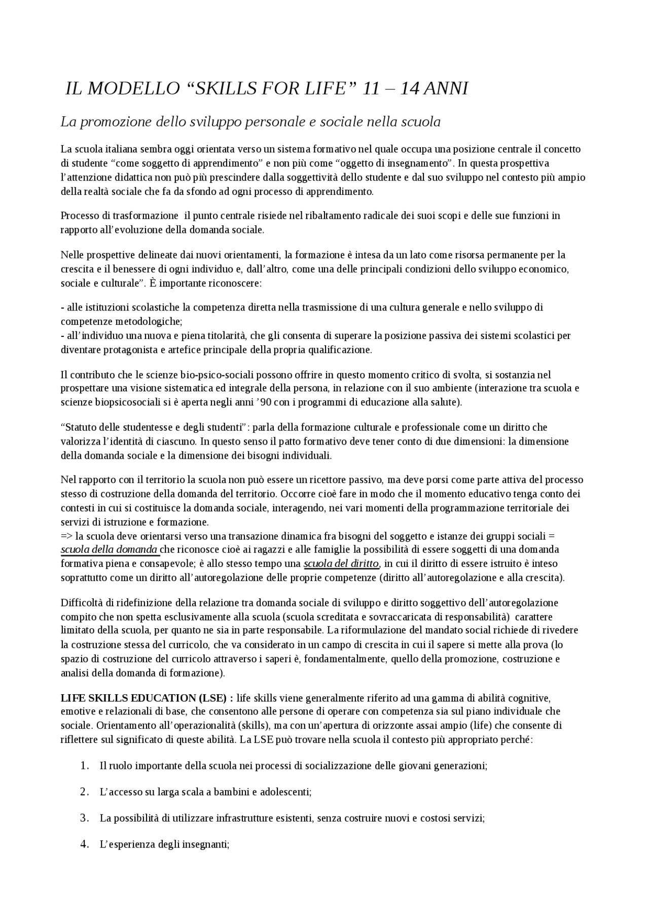 Modello Skills For Life Sintesi Del Corso Di Scienze Delleducazione