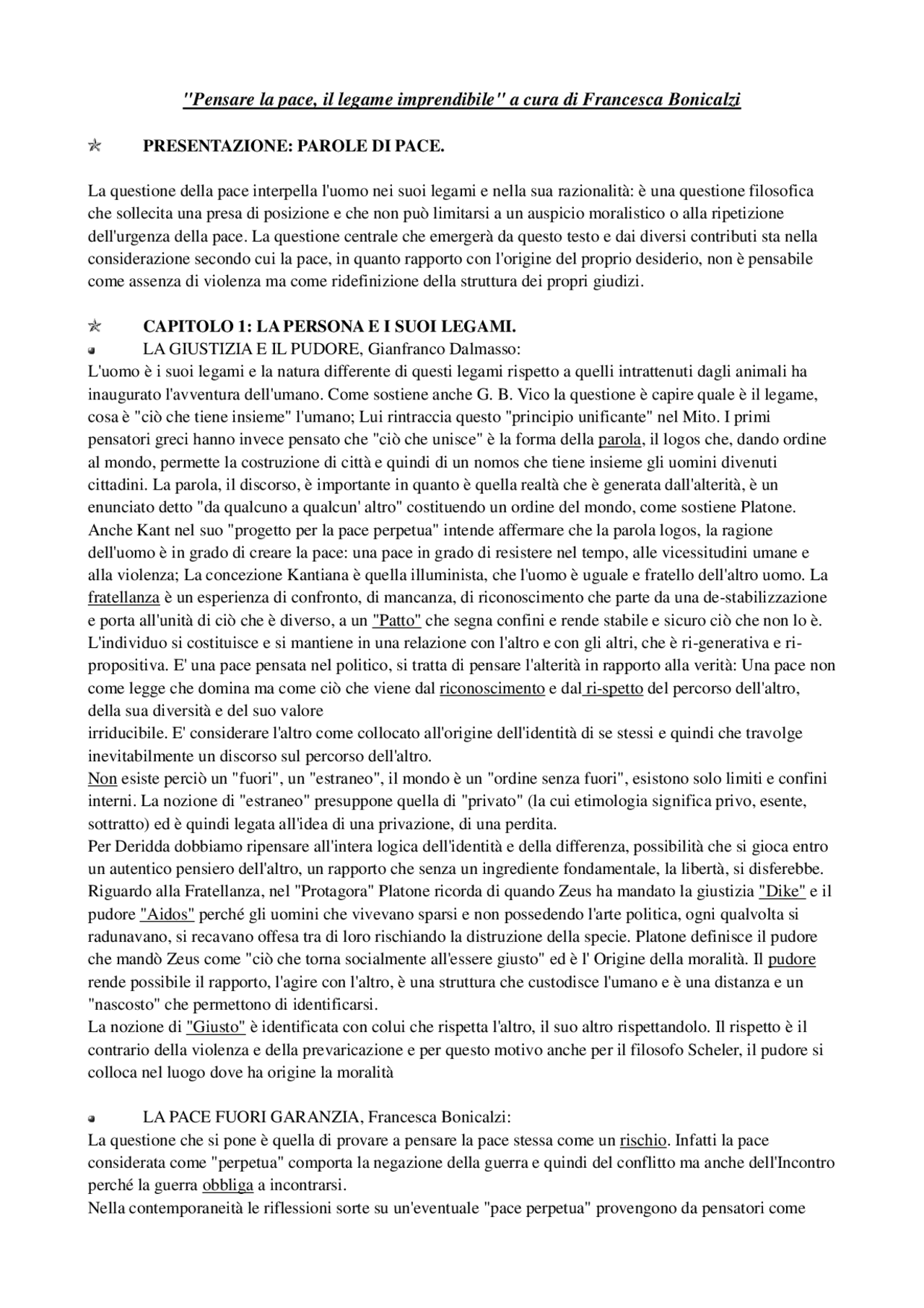Pensare La Pace Riassunto Docsity