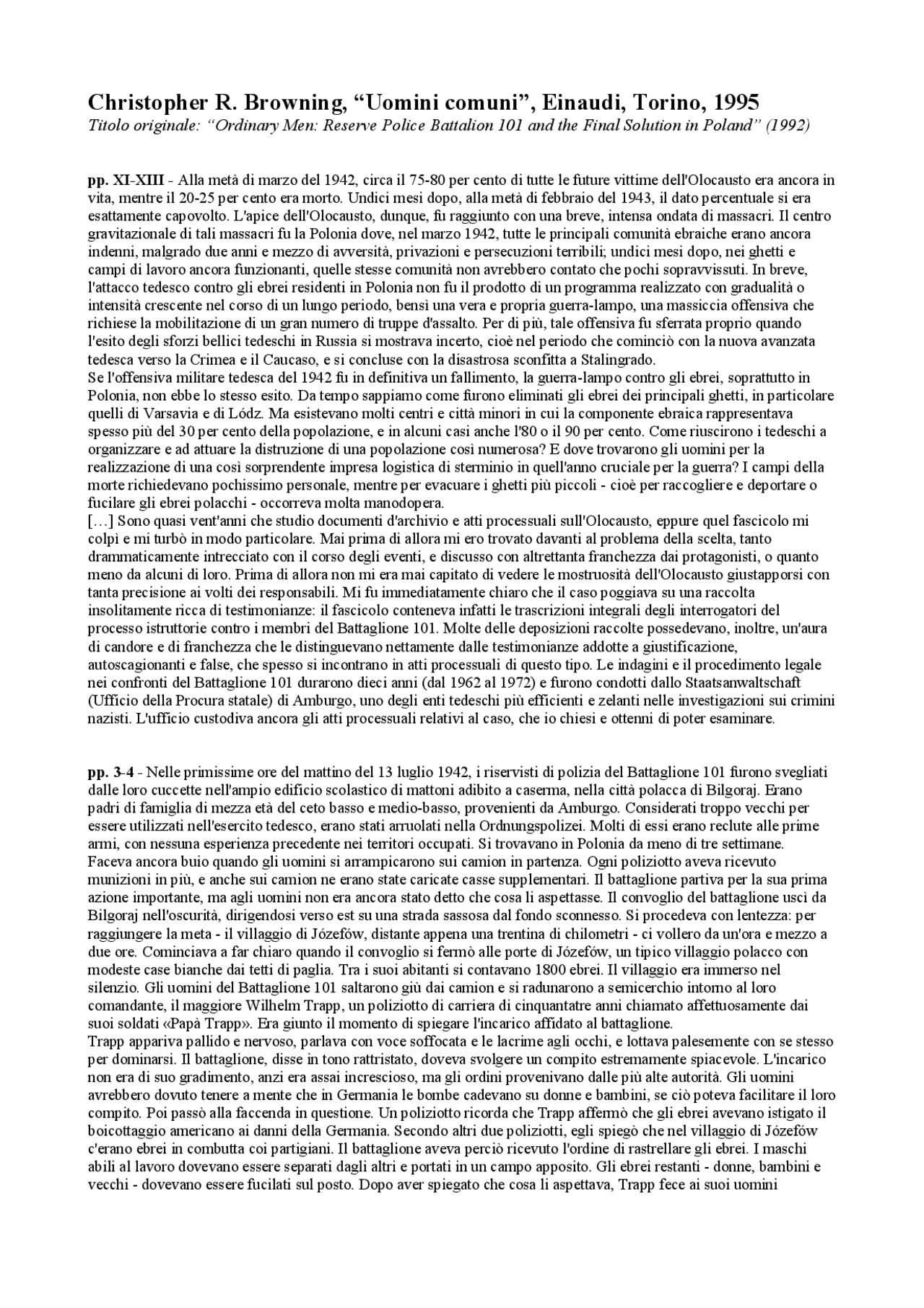Christopher R Browning Uomini Comuni Docsity