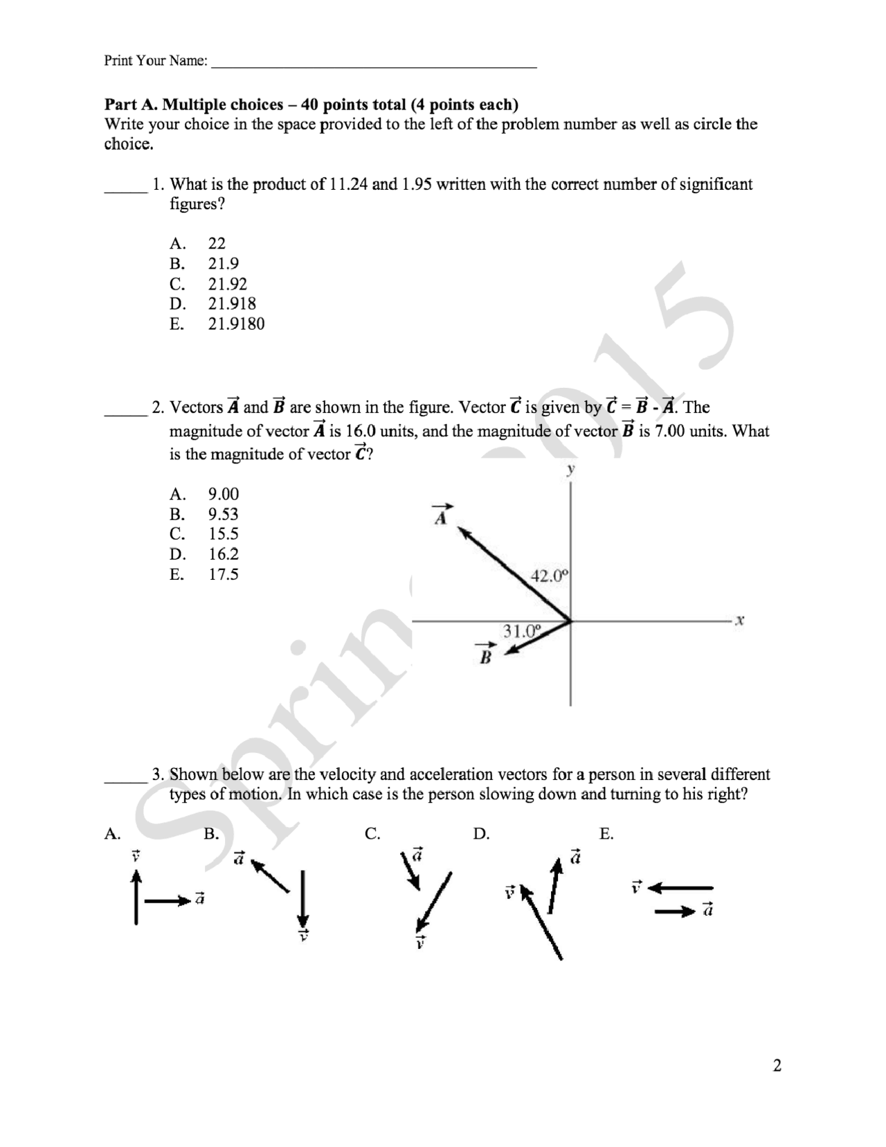 15 Questions On Physics Exam 1 Phys 1100 Exams Physics Docsity