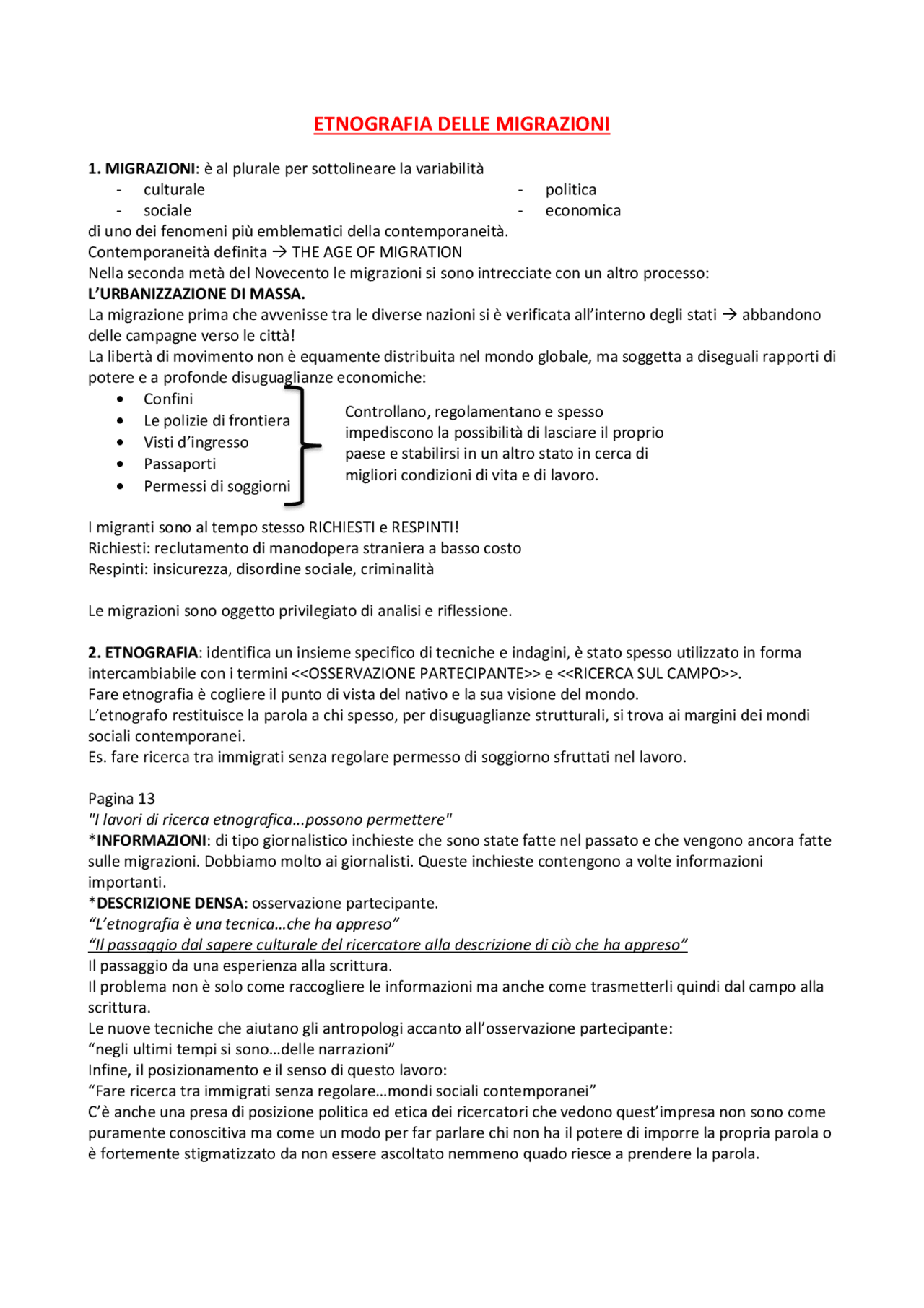 Riassunto Etnografia Migrazioni Docsity