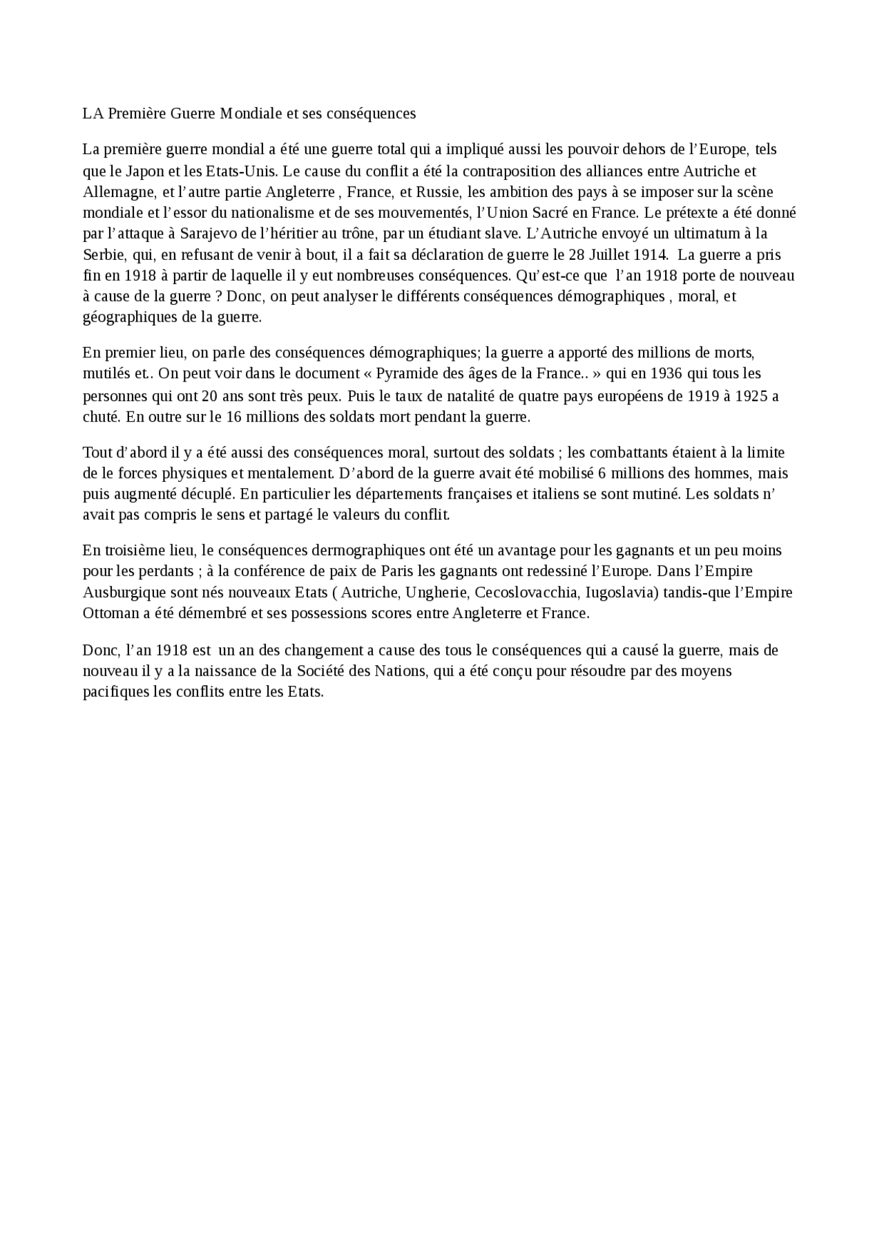 La première guerre mondiale et ses conséquences - Docsity