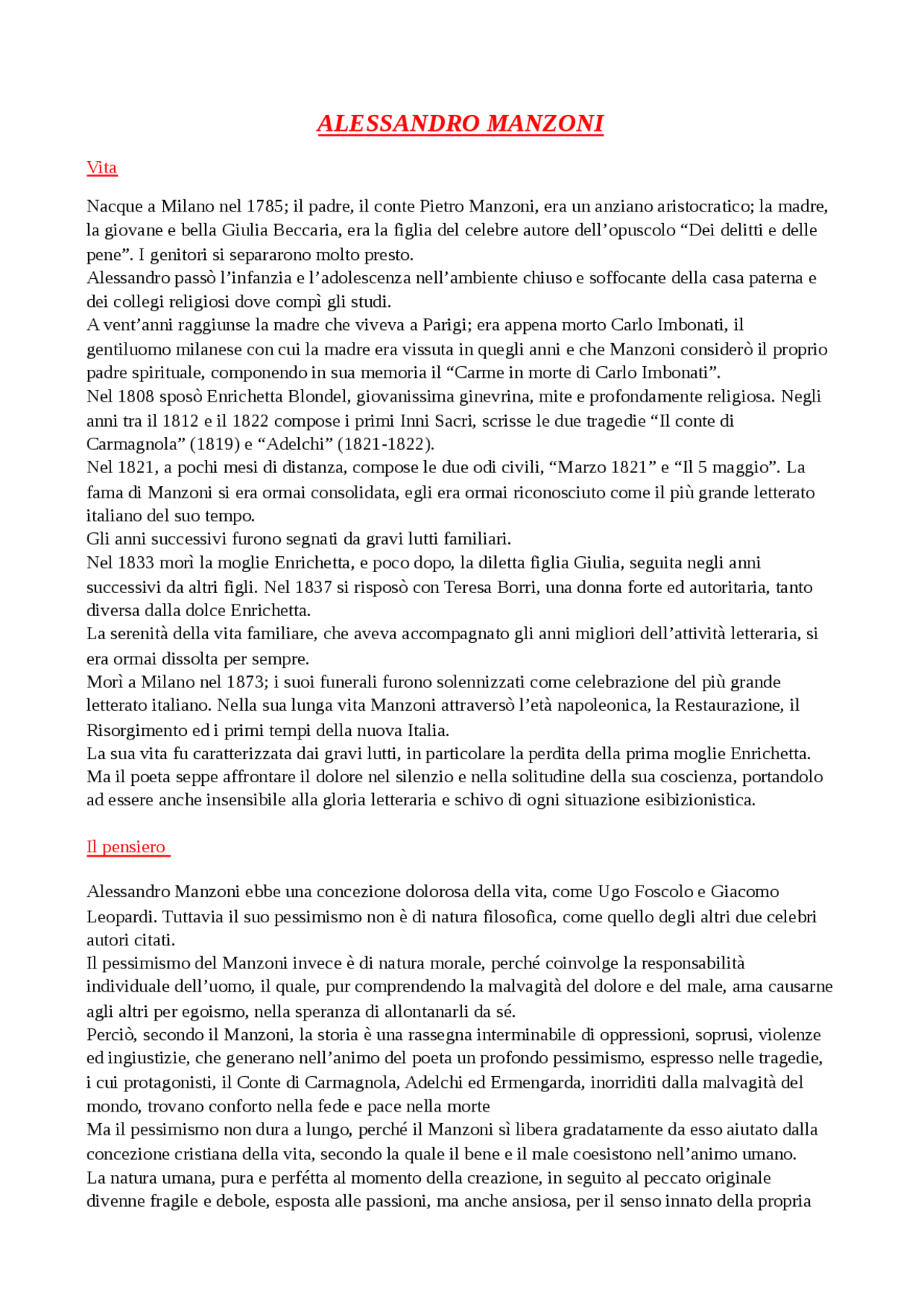 Riassunto Alessandro Manzoni - Docsity