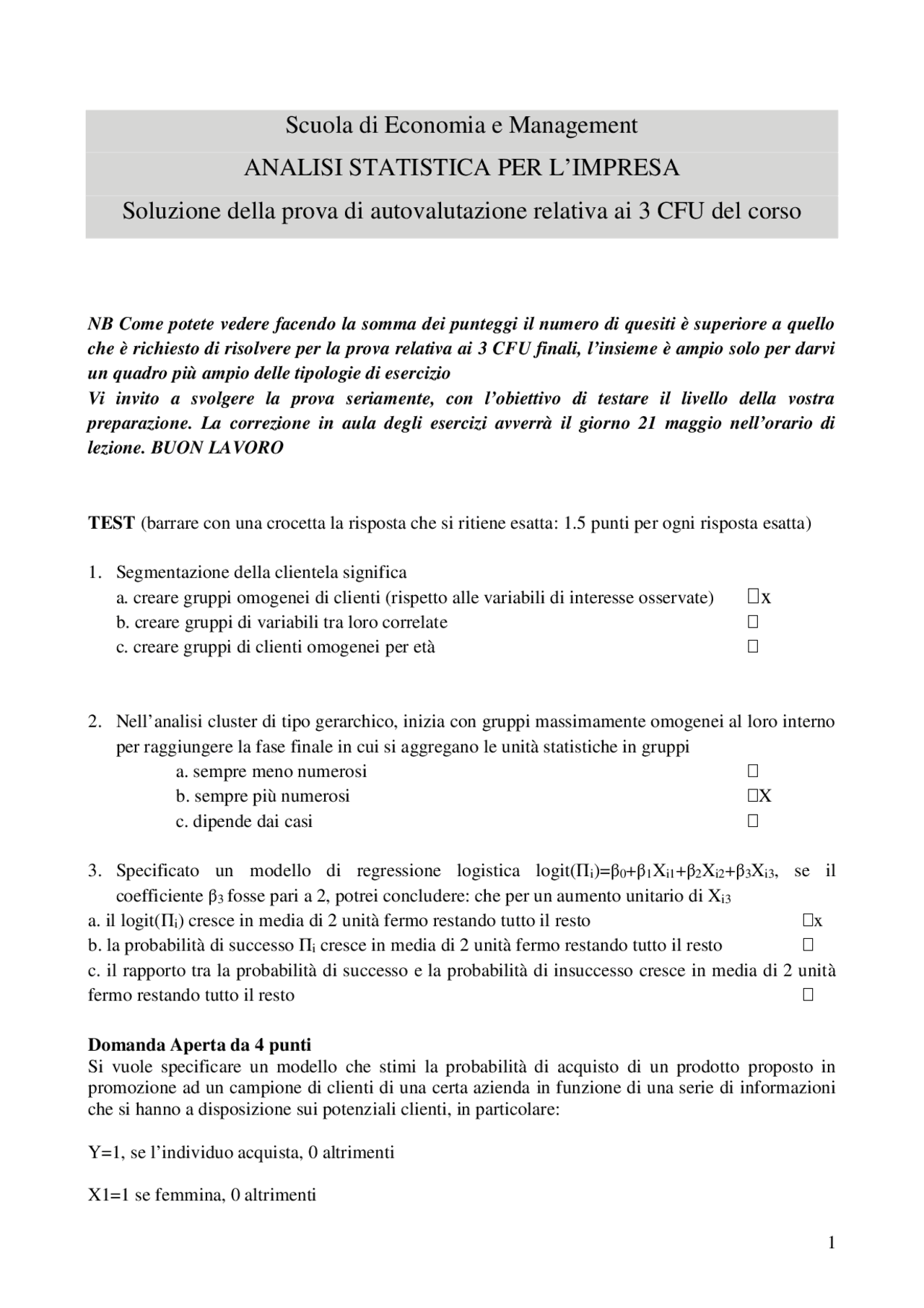 Soluzione Prova Autovalutazione 3 Cfu 2015 Docsity