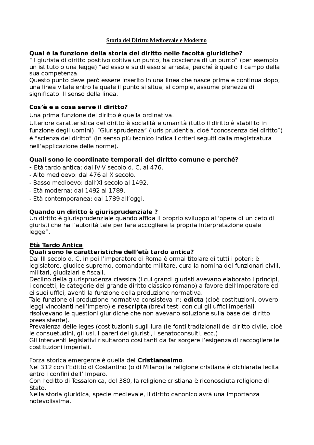 Storia Del Diritto Medioevale E Moderno Riassunto Docsity