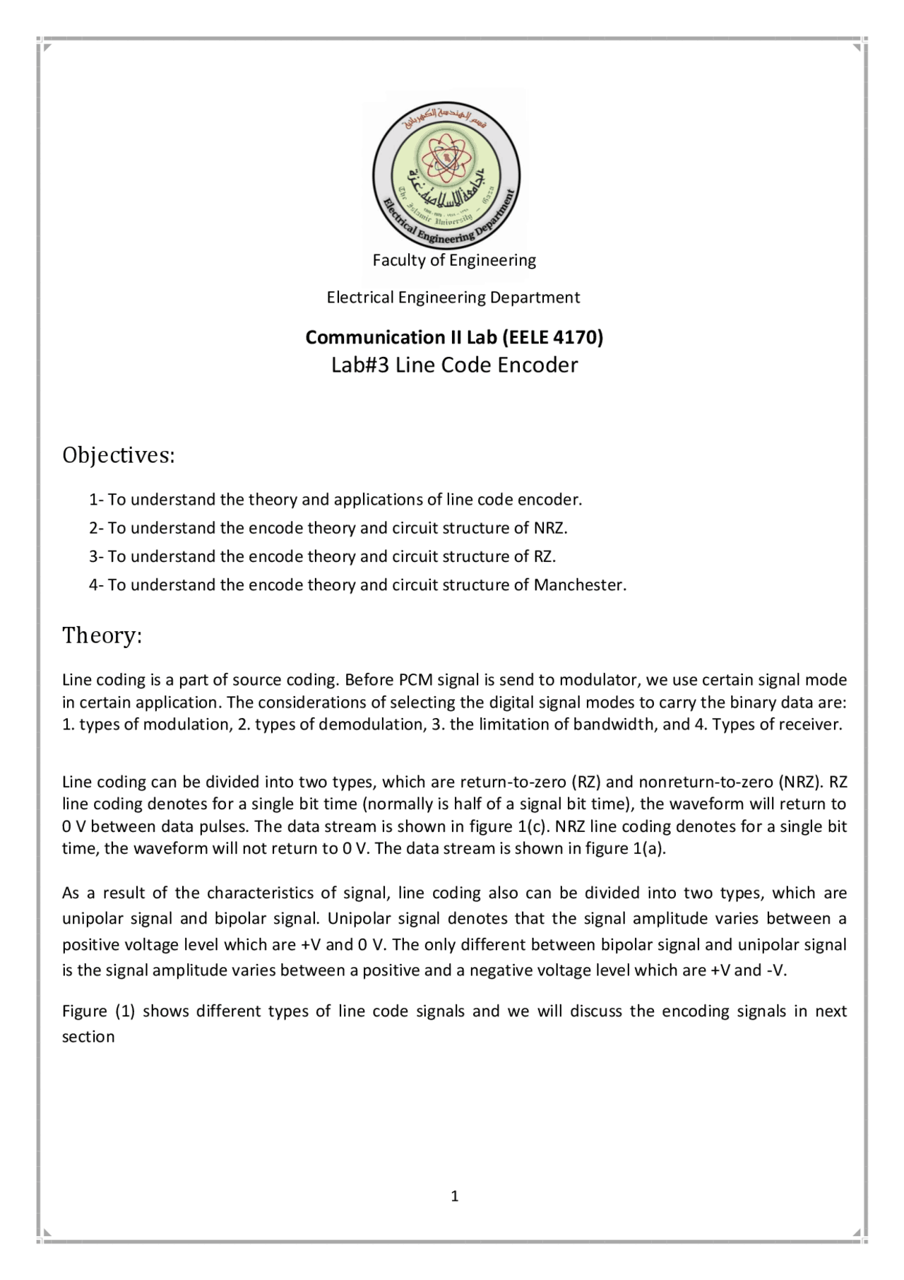 Line Code Encoder | Essays (university) Programming for Engineers | Docsity