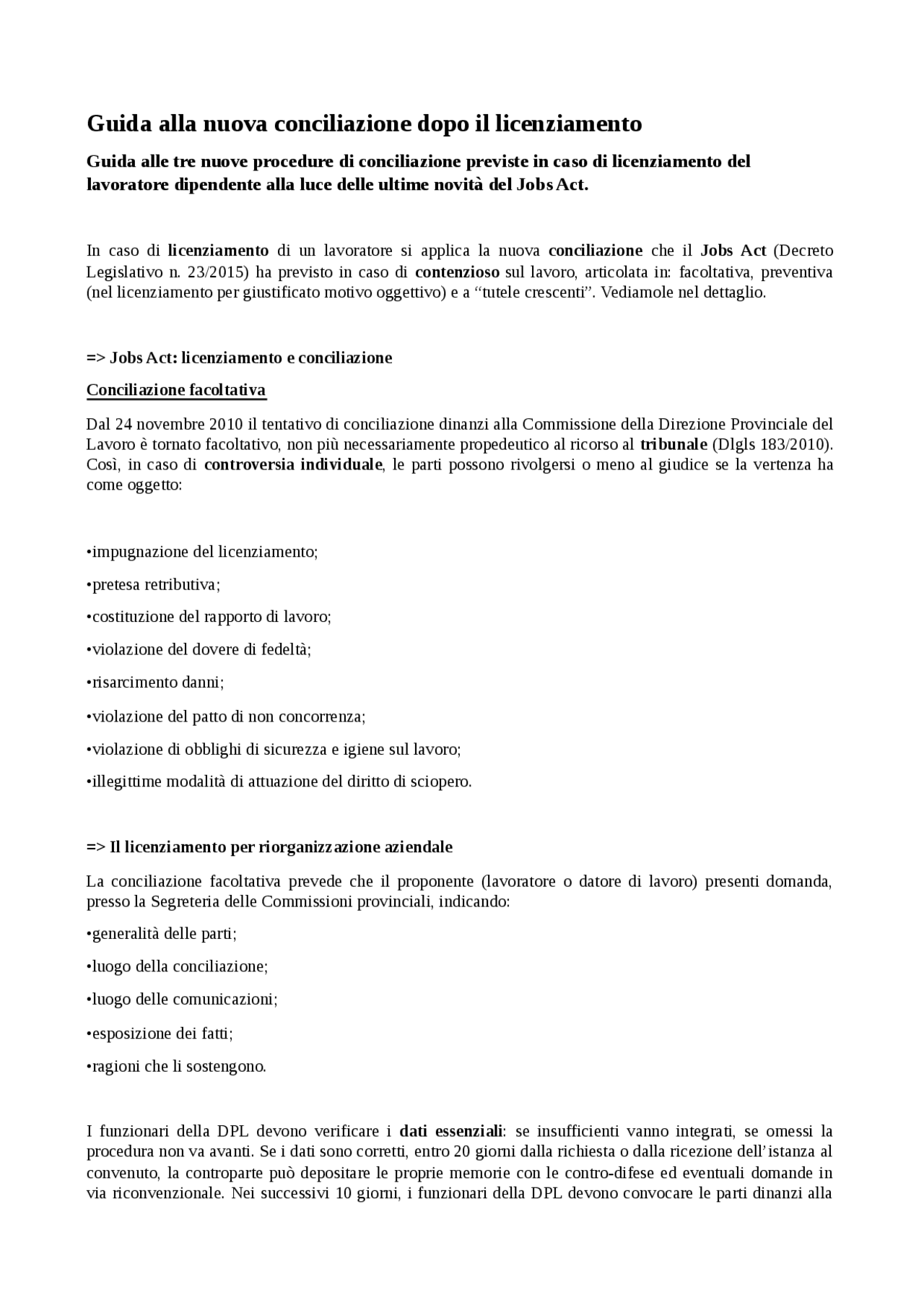 Guida alla nuova conciliazione dopo il licenziamento - Docsity