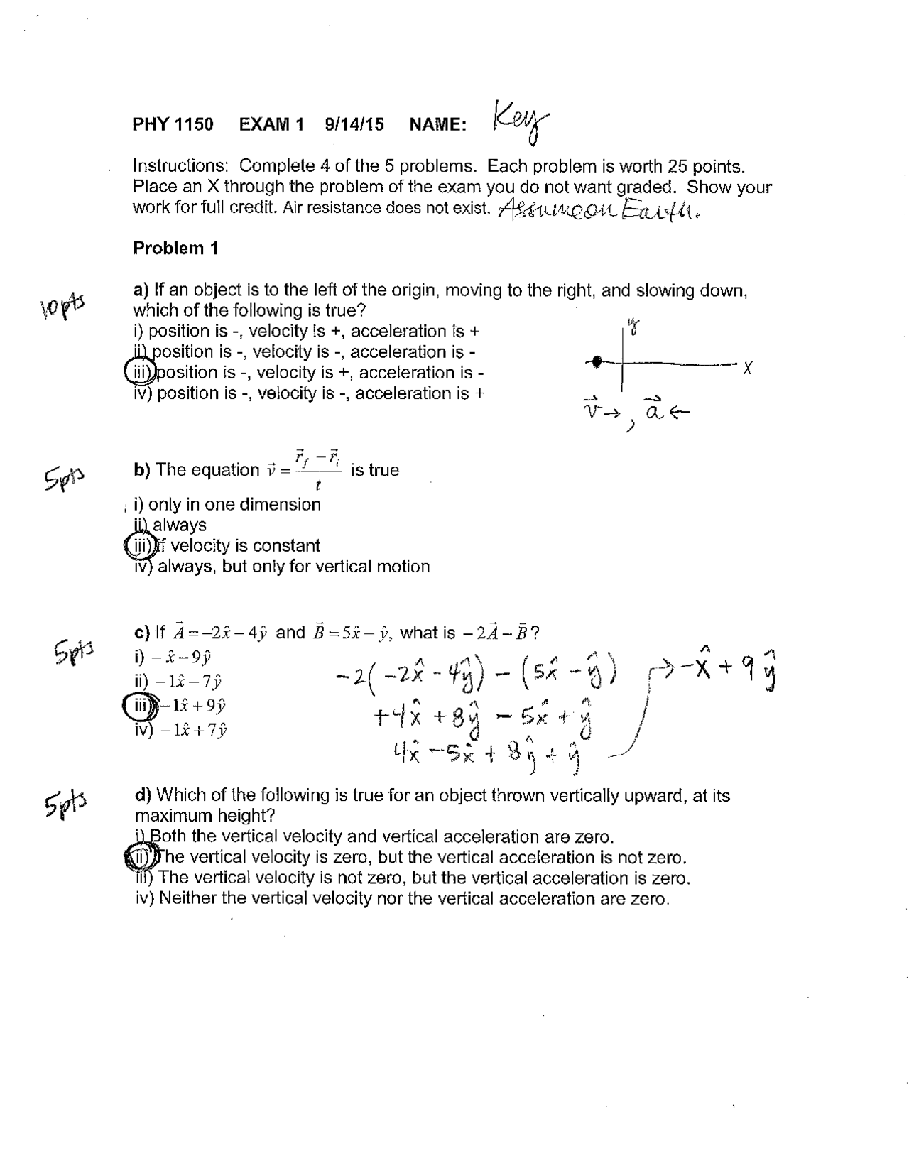 Exam 1 Answer Key | Physics I 2015 | PHY 1150 | Exams Physics | Docsity