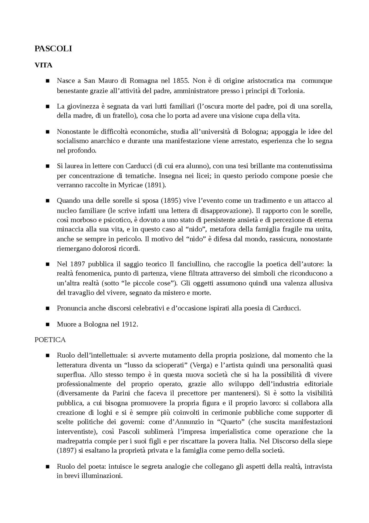 Riassunto Pascoli Docsity