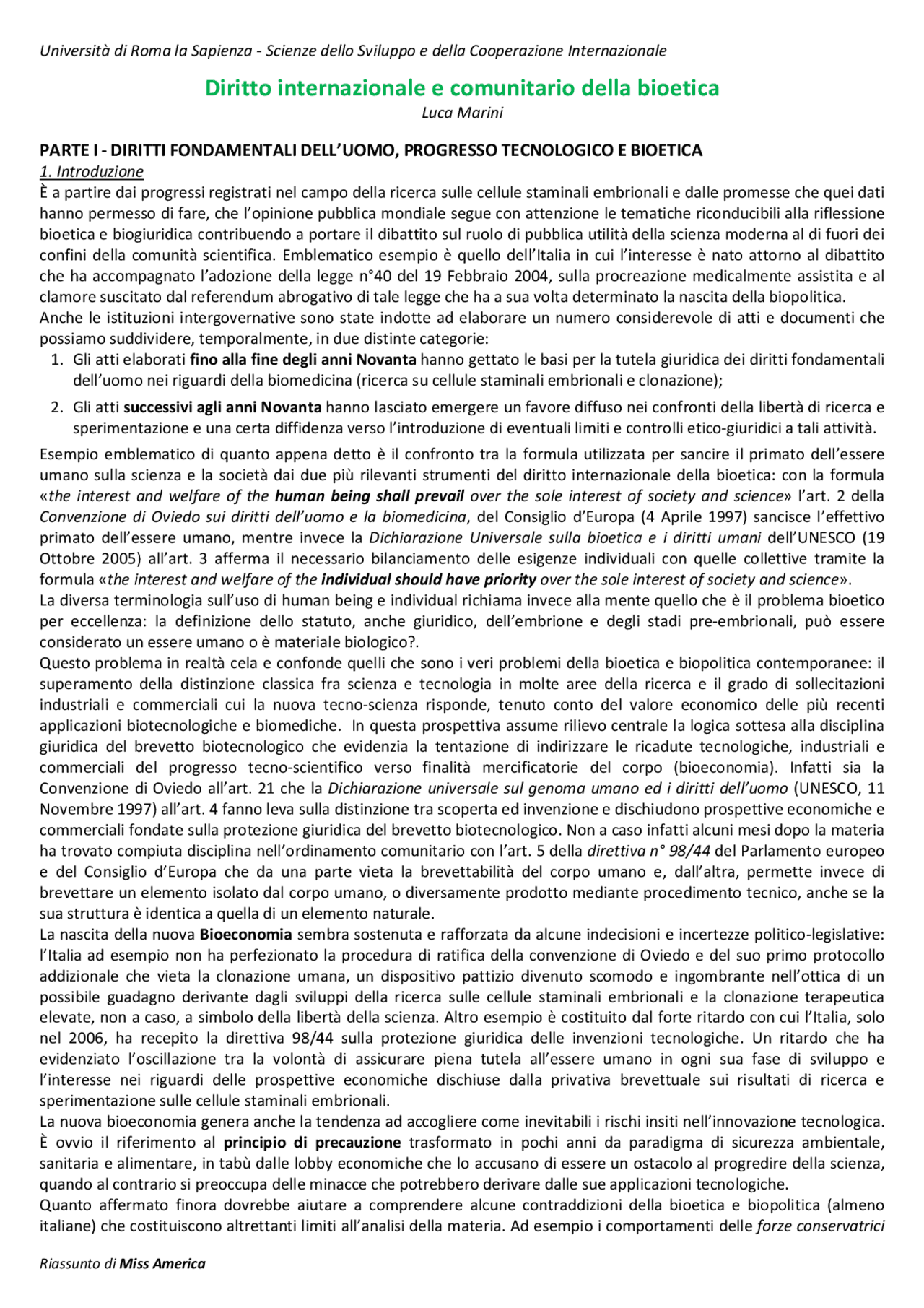 L.Marini - Diritto internazionale e comunitario della bioetica - Docsity