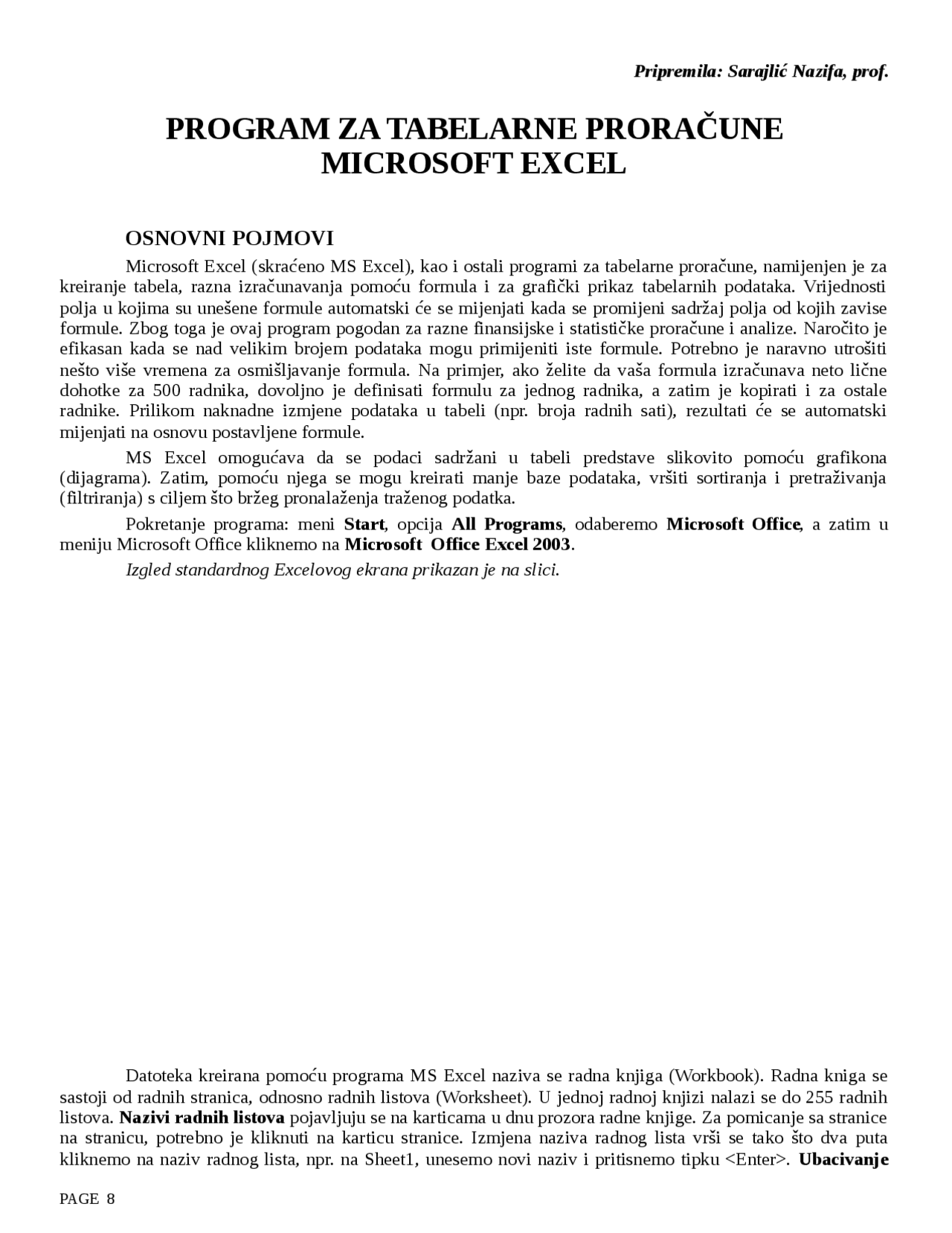 Program Za Tabelarne Proračune Microsoft Excel Osnovni Pojmovi