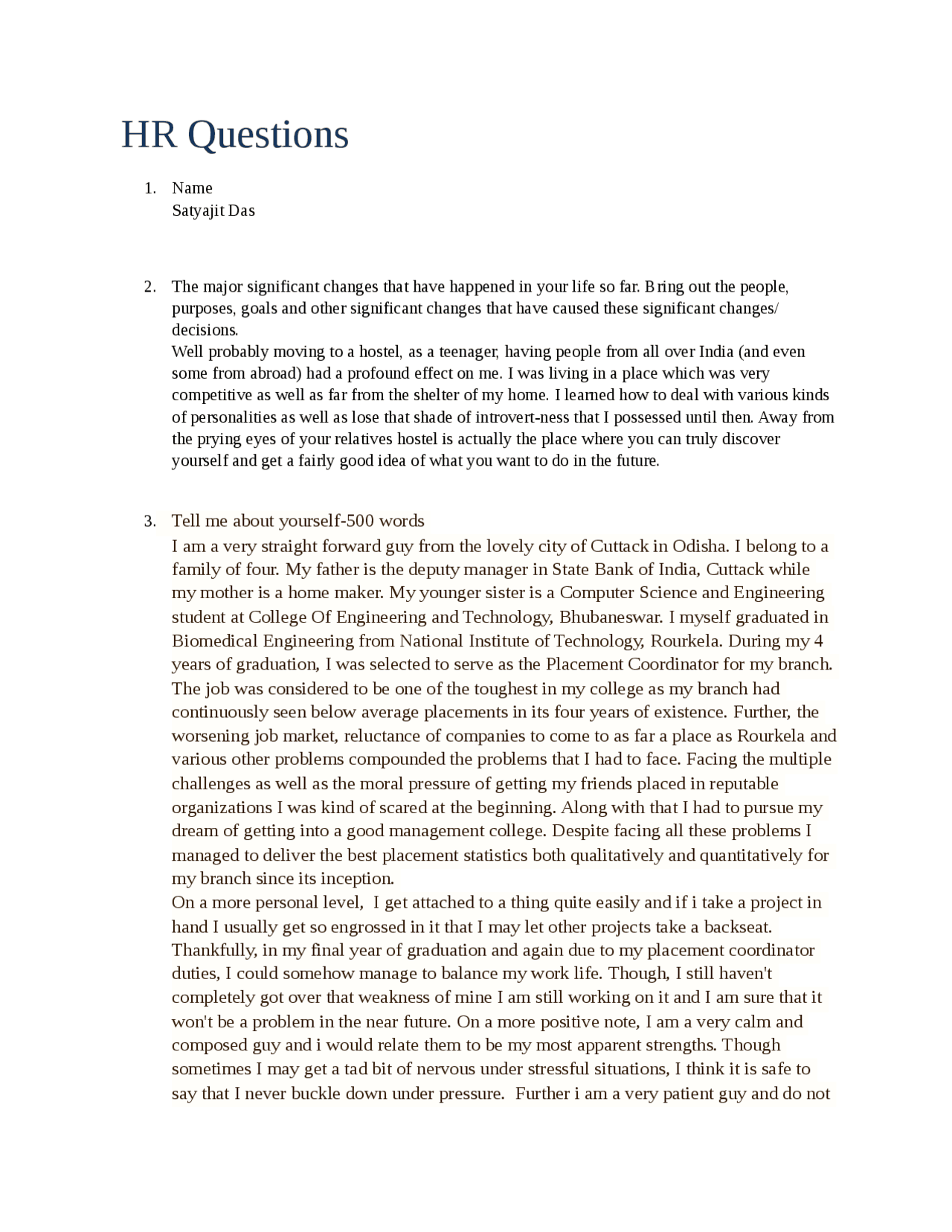 Sample hr questions - Docsity