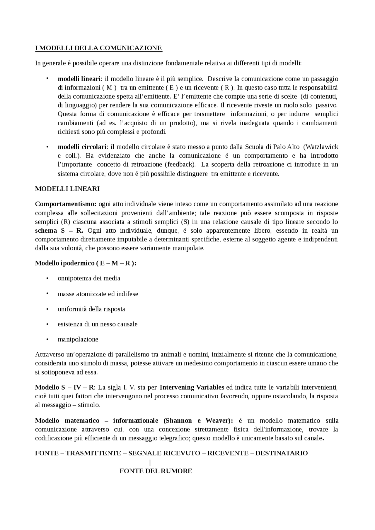 I Modelli Della Comunicazione Appunti Di Scienze Della Comunicazione