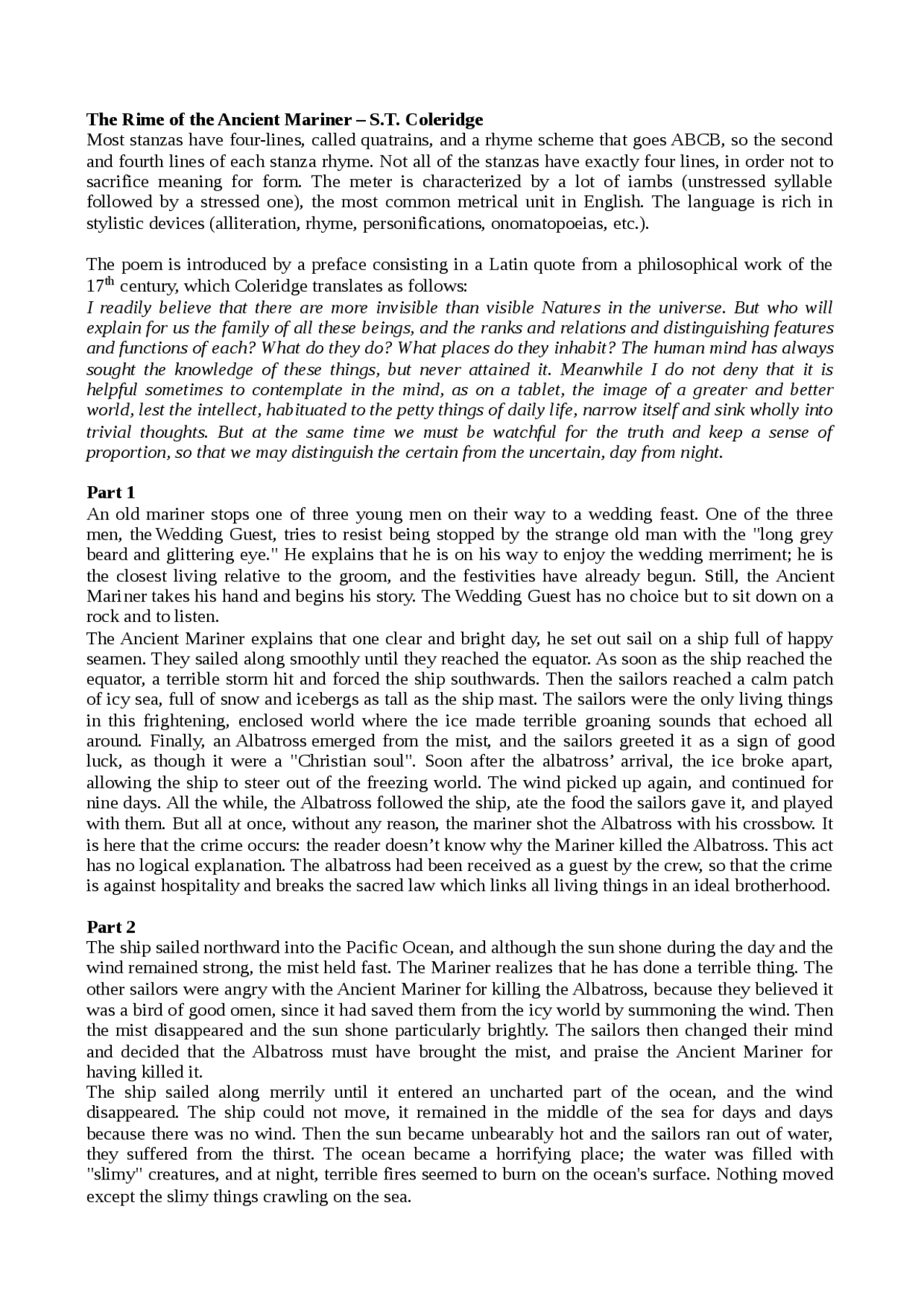 The Rime Of The Ancient Marinere Di Coleridge Riassunto Docsity