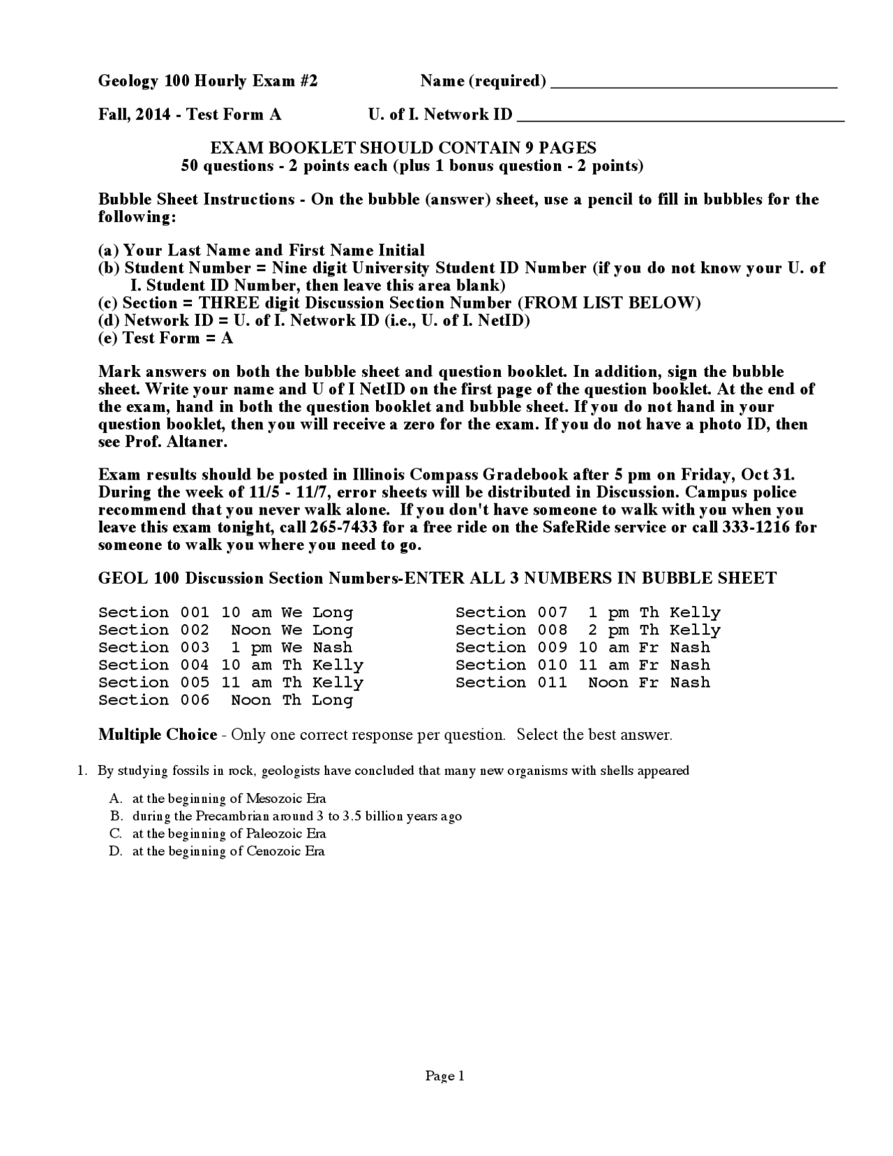 Exam 2 Form A For Planet Earth Geol 100 Exams Geology Docsity
