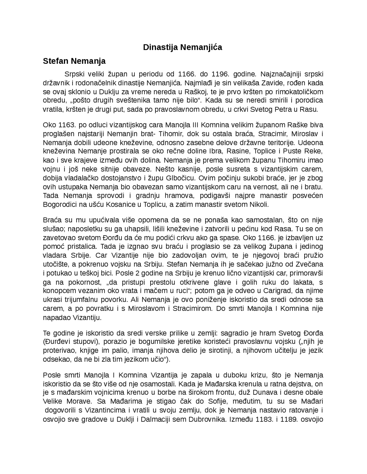 Dinastija Nemanjića Beleške Predlog Istorija Docsity