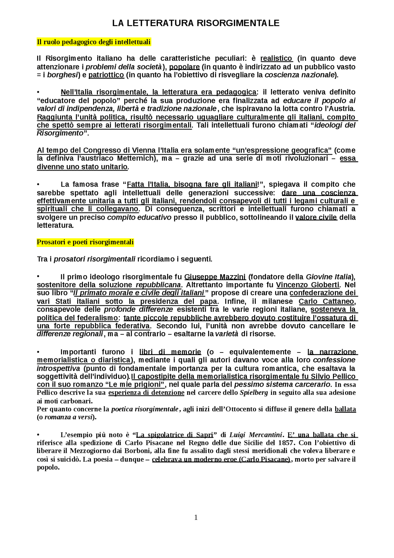 La letteratura risorgimentale | Appunti di Italiano | Docsity