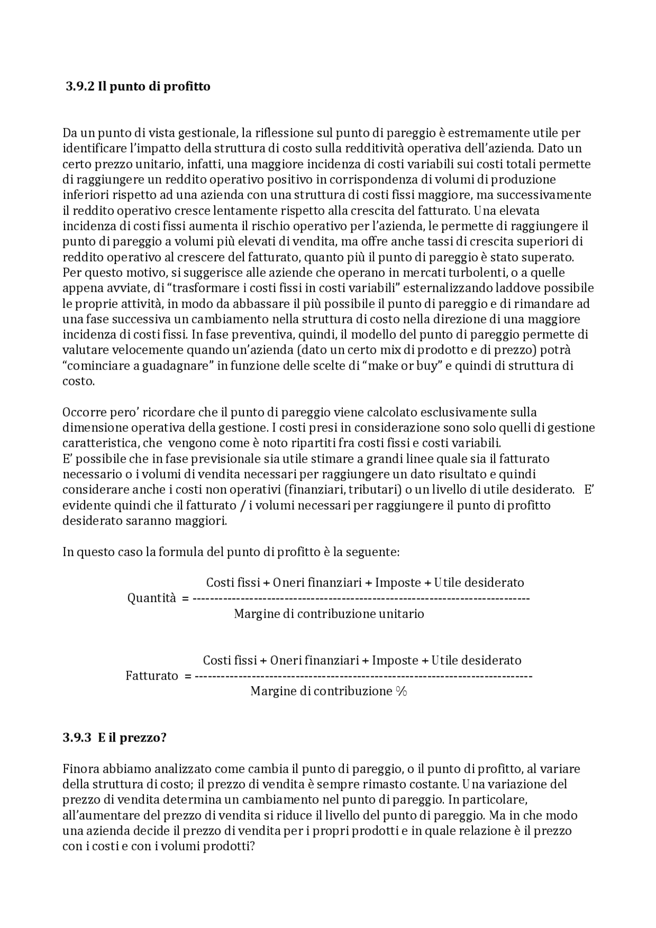Punto Di Profitto Appunti Di Economia Aziendale Docsity