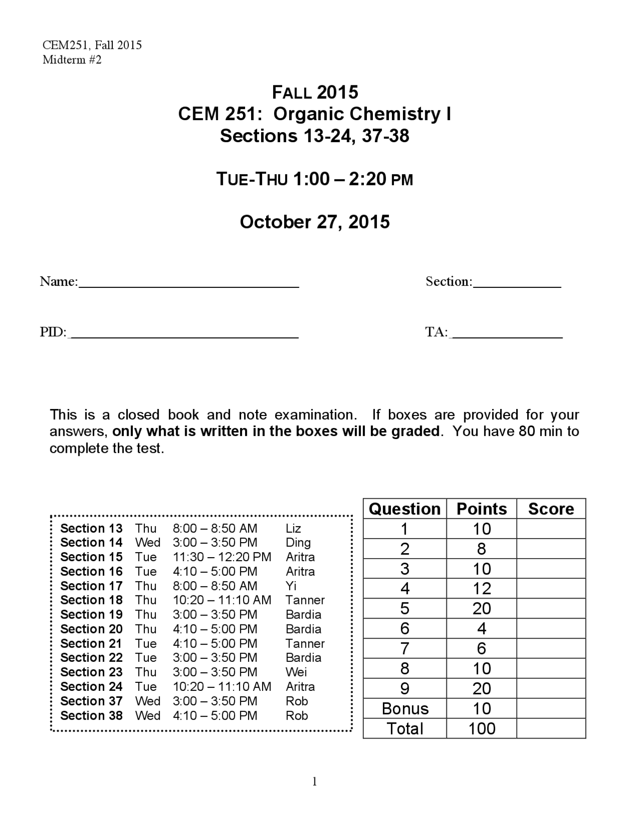 Midterm Exam 2 Practice Problems On Organic Chemistry I Fall 2015