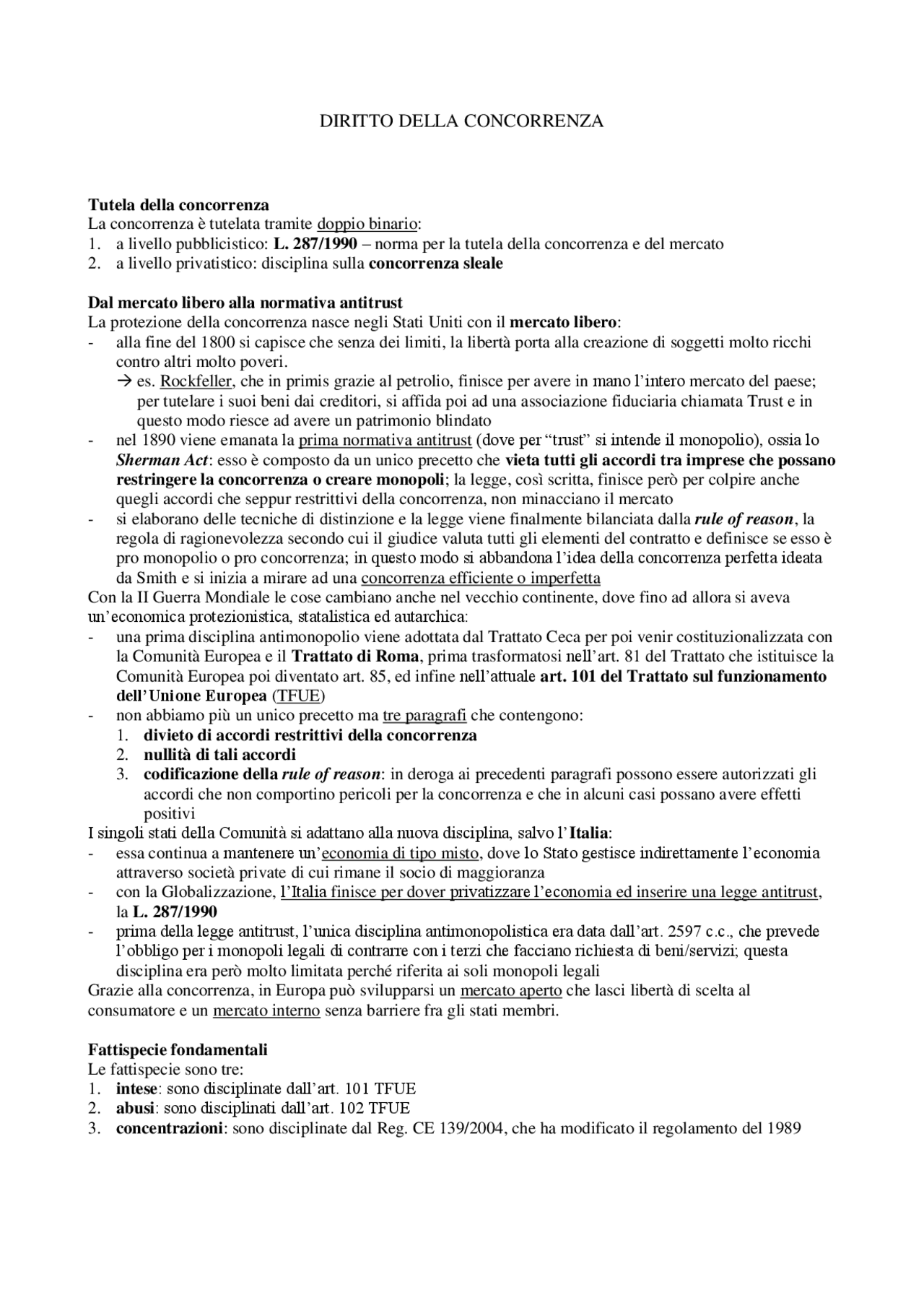 DIRITTO DELLA CONCORRENZA. - Docsity