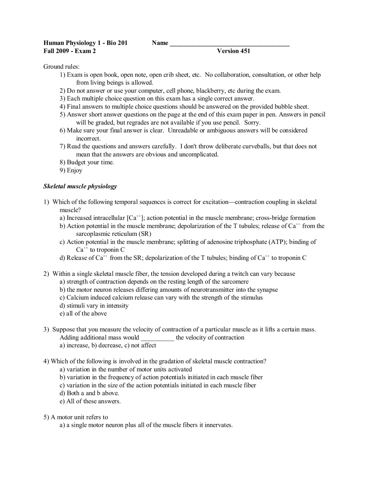 Exam 2 Multiple Choice Question Human Physiology I Bio 201 Docsity