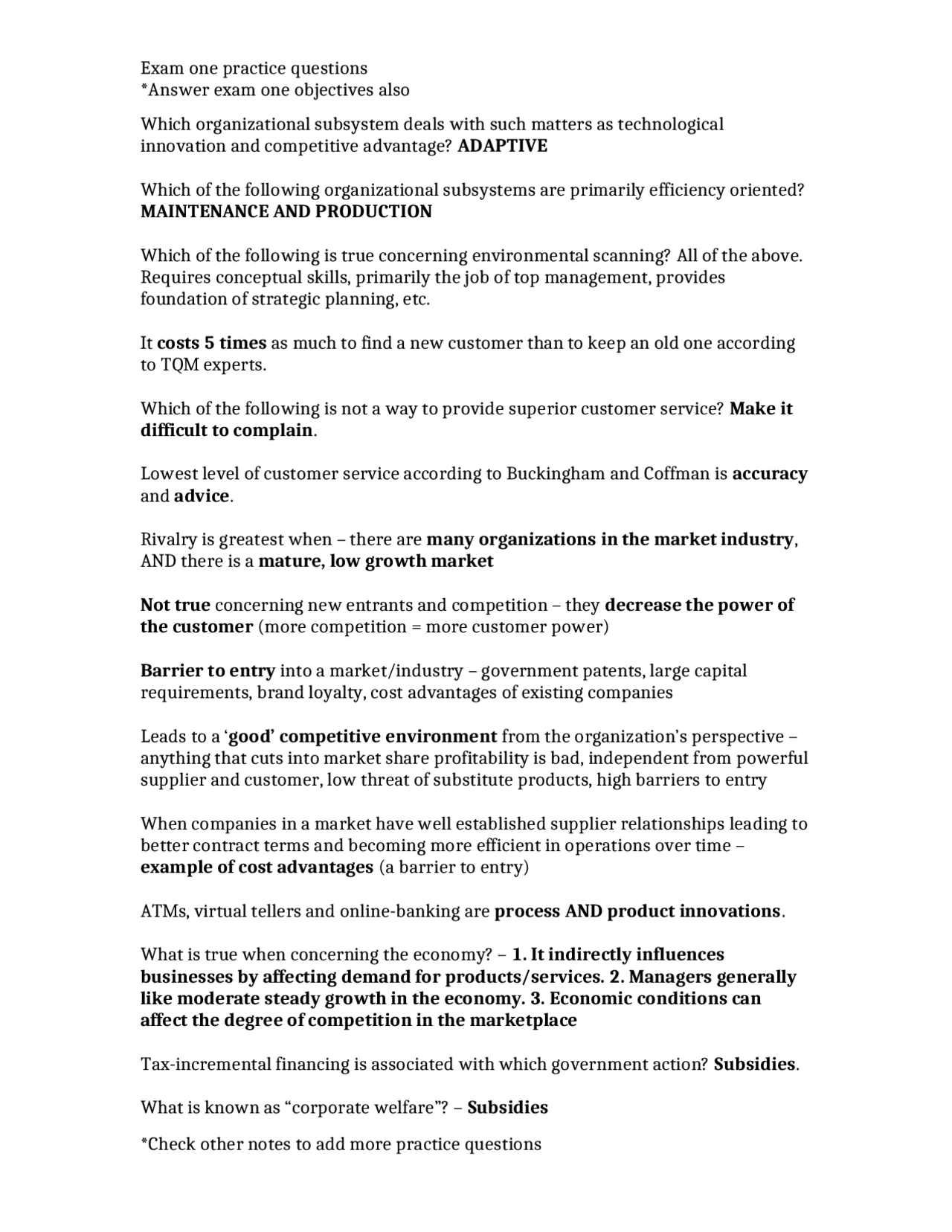 Exam 1 Practice Questions | Principles of Management | MGT 3200 - Docsity