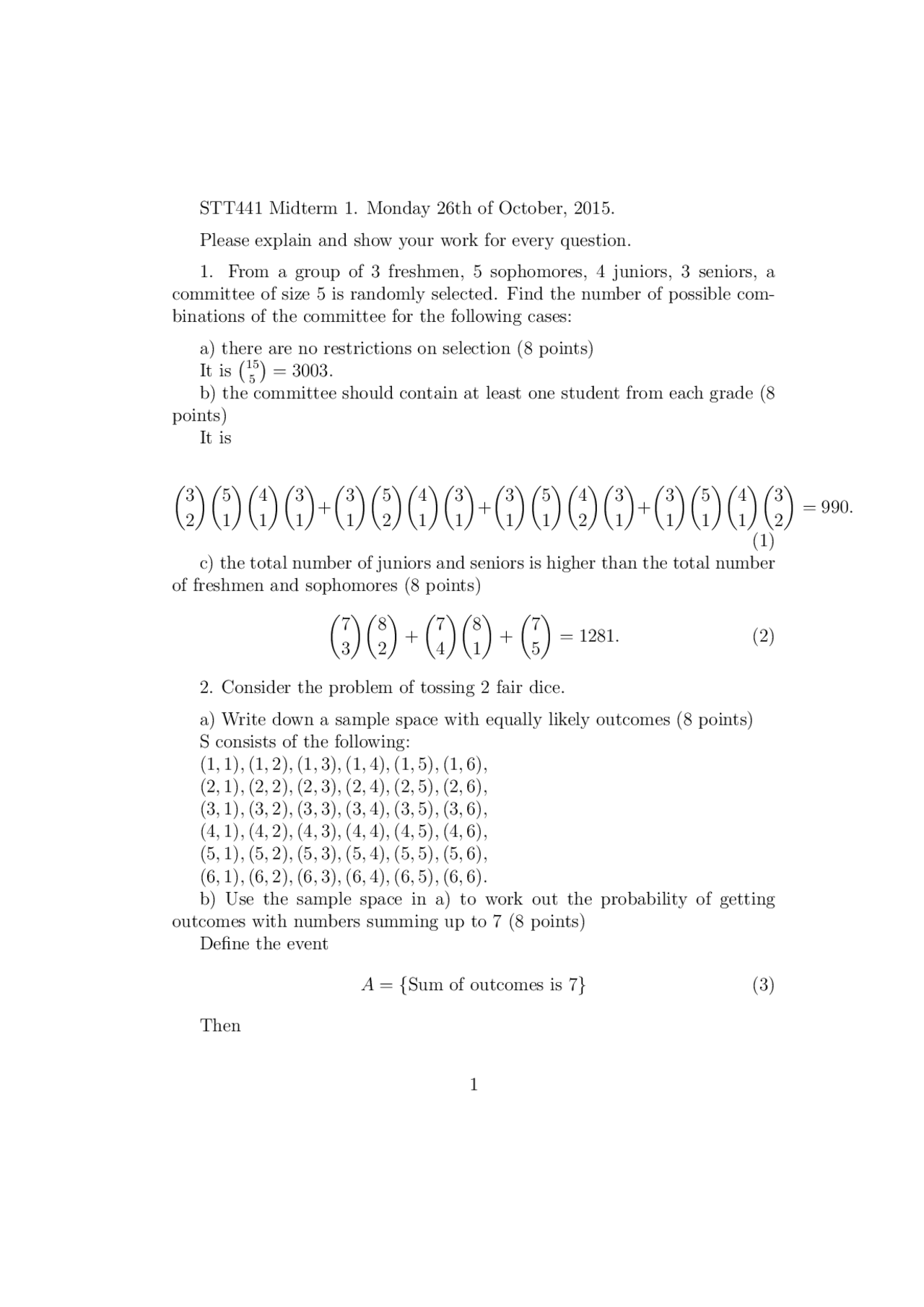 Midterm Exam 1 with Answer key - Probability and Statistics I ...