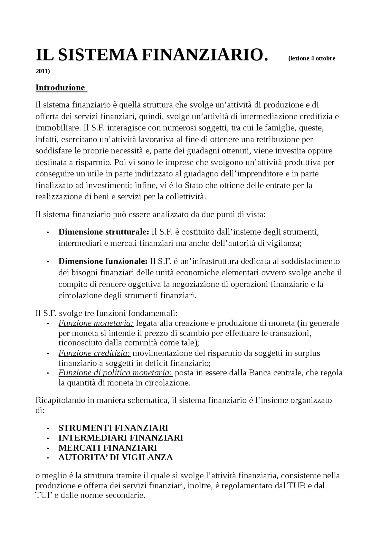 Il sistema finanziario - Docsity
