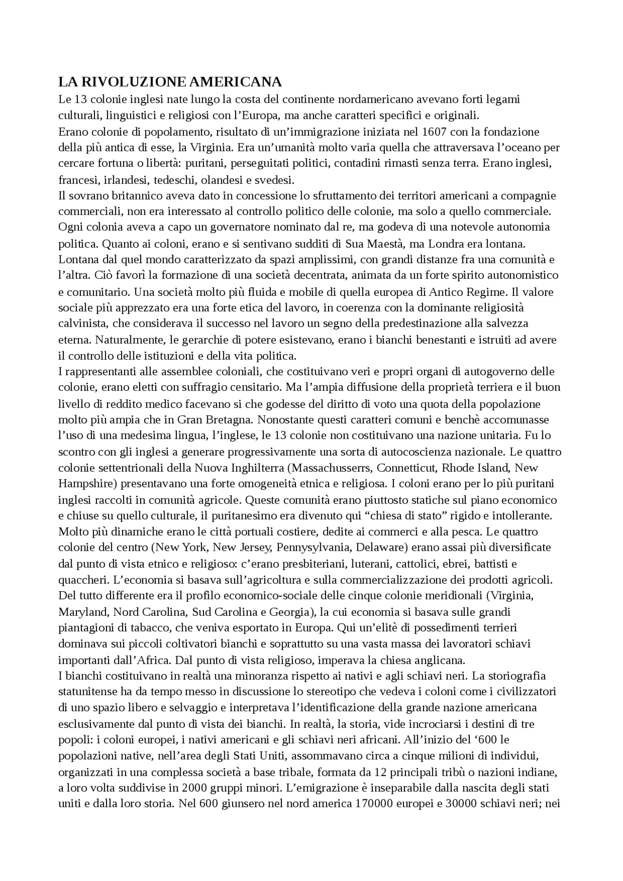 Appunti Sulla Rivoluzione Americana Docsity