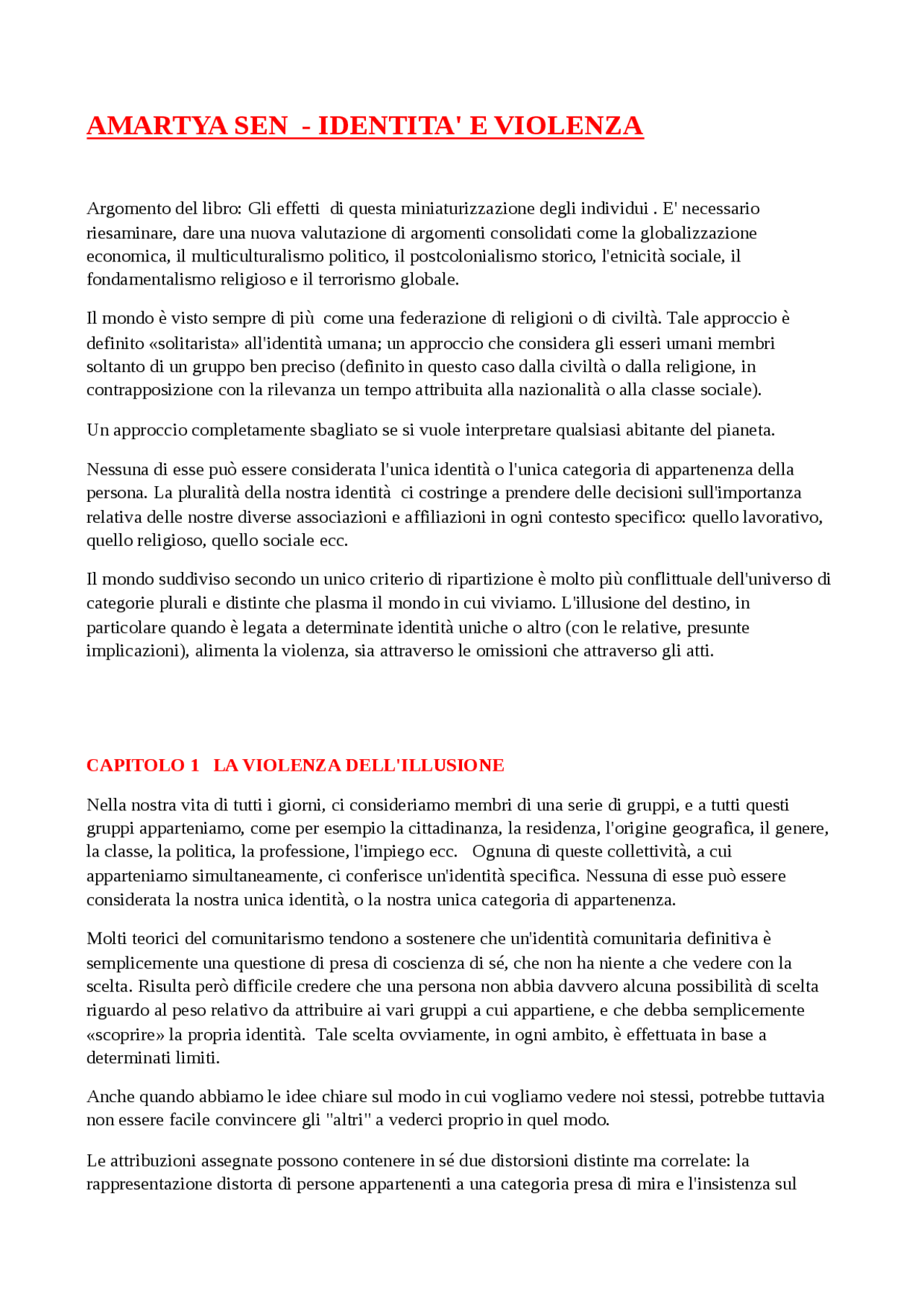 Riassunto Del Saggio Di Amartya Sen Identità E Violenza Docsity