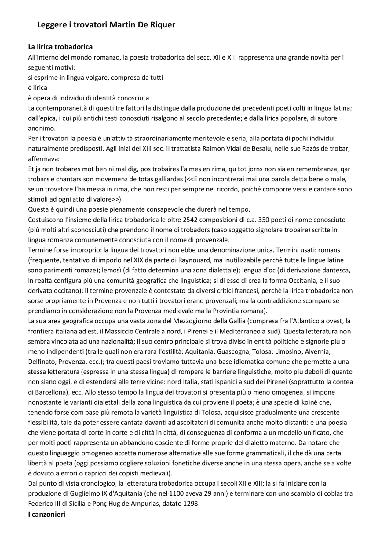 Leggere I Trovatori Martin De Riquer Docsity