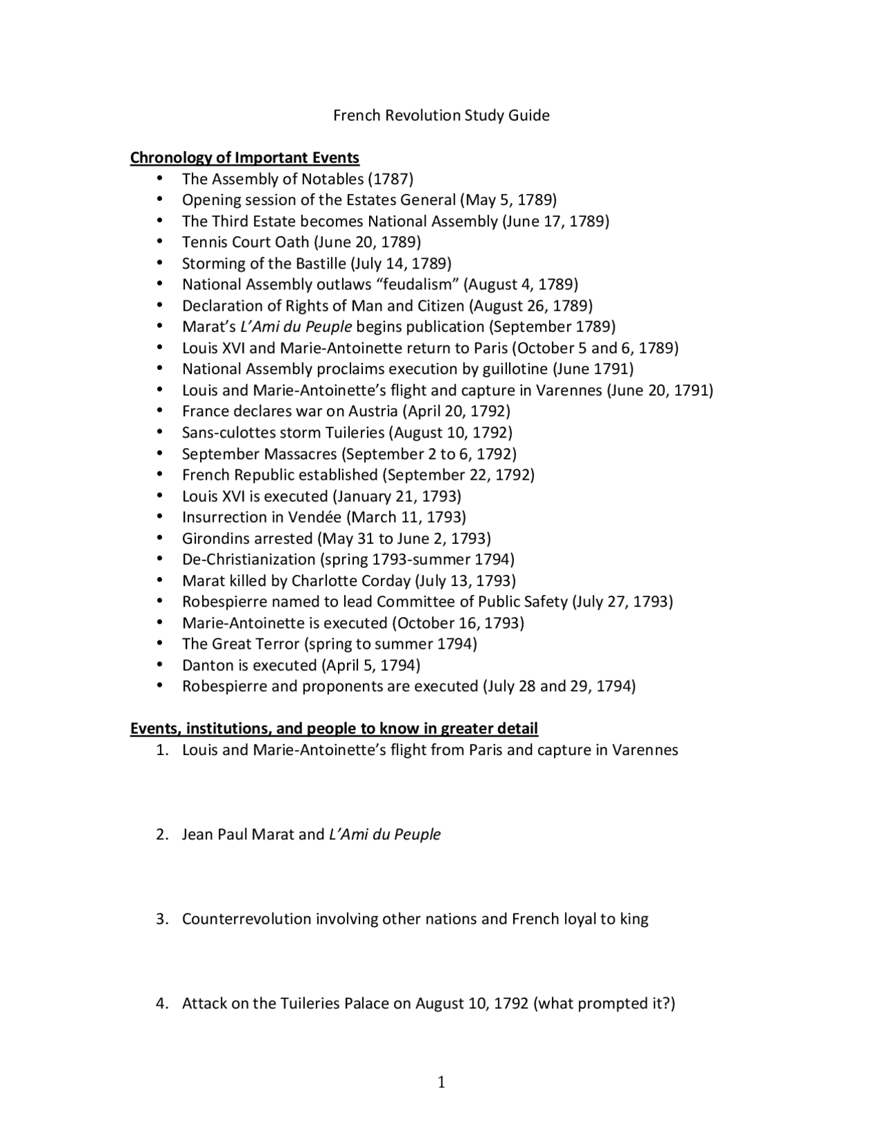 The French Revolution Study Guide for History of Western Civilization ...