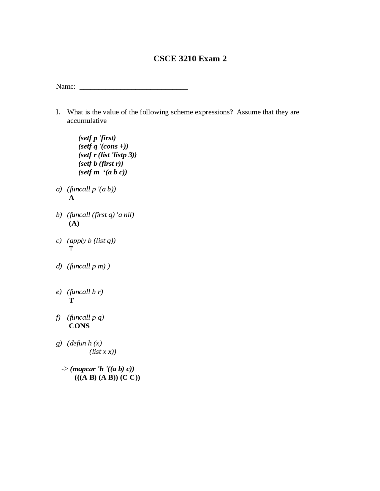 4 Questions On Symbolic Processing Exam 2 Csce 3210 Docsity