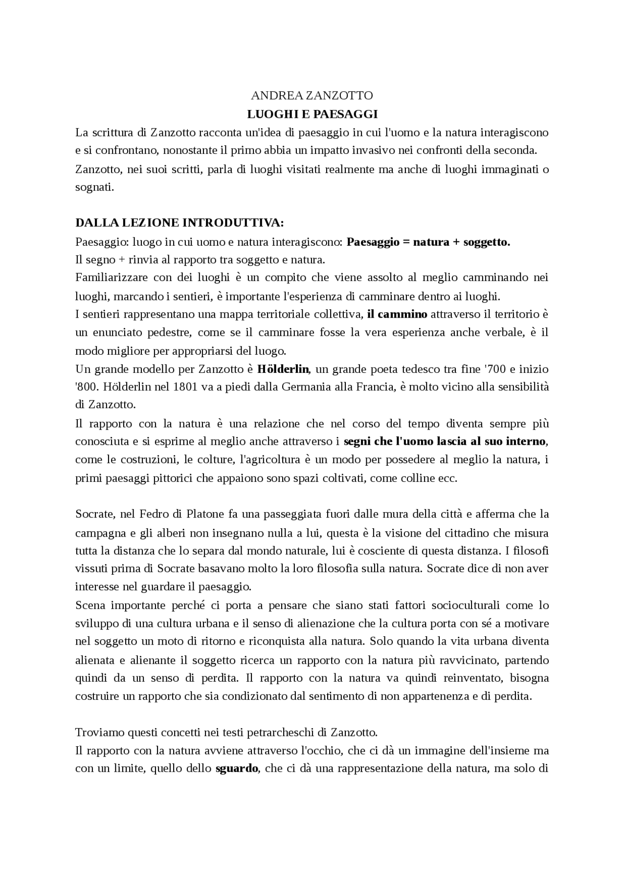 Riassunto Luoghi E Paesaggi Andrea Zanzotto Docsity