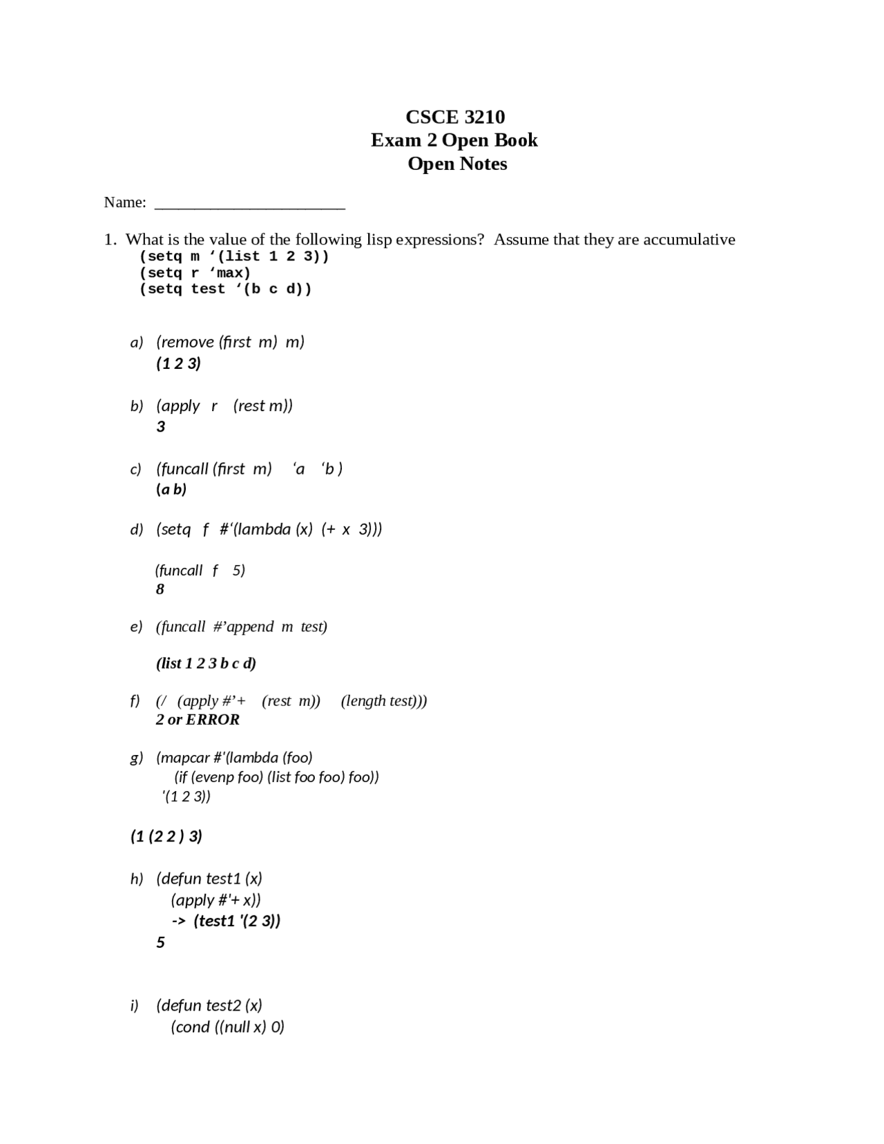 Exam 2 For Symbolic Processing Csce 3210 Docsity
