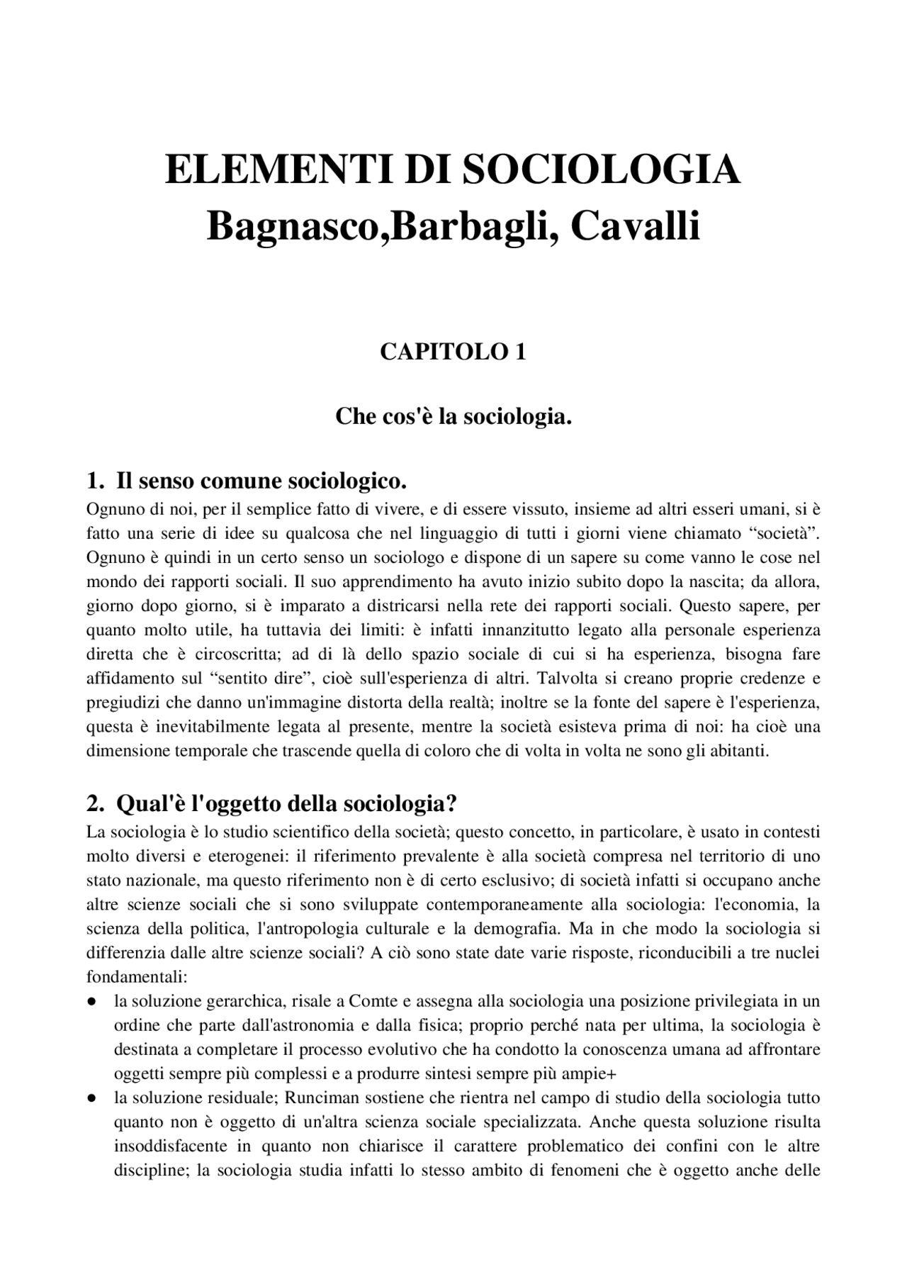 Riassunto Elementi Di Sociologia Bagnascobarbagli Cavalli Docsity