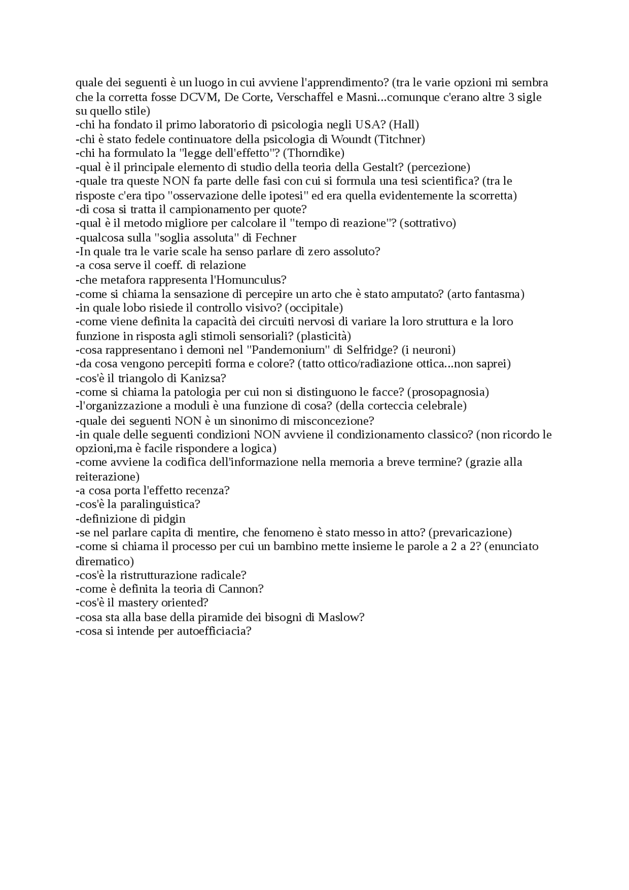 Domande Esame Psicologia Generale Prof Amoretti Prove Desame Di