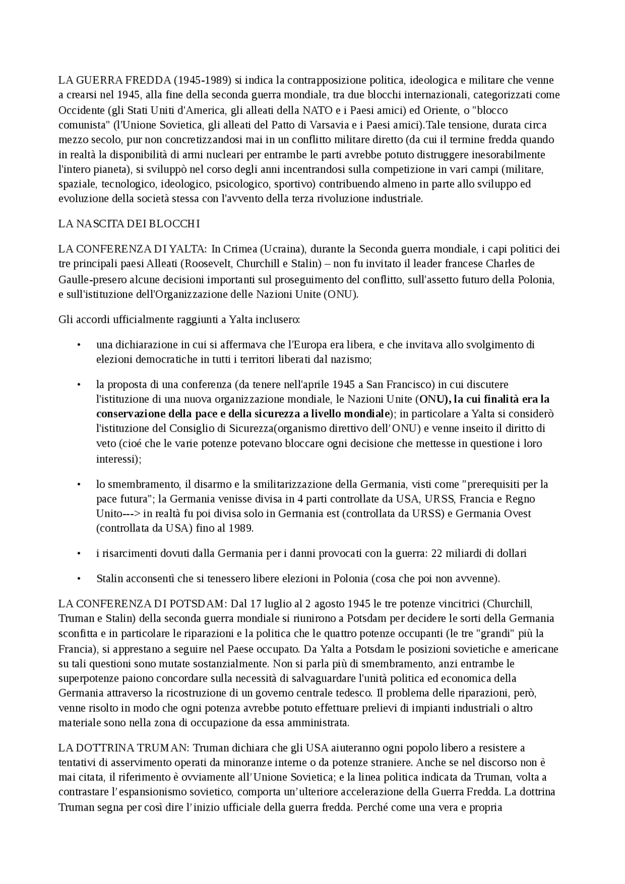 Riassunto Sulla Guerra Fredda Sintesi Del Corso Di Storia Docsity