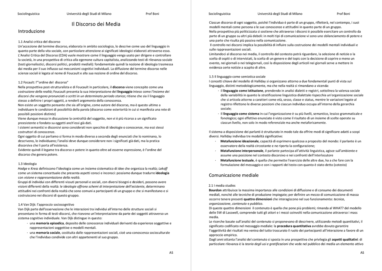 Il Discorso Dei Media Sintesi Del Corso Di Sociolinguistica Docsity